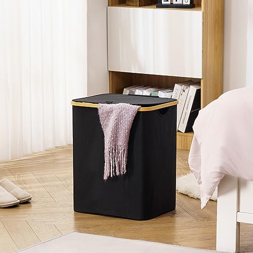 Laundry Hamper with Lid by TECHMILLY, 66L Small Tall Laundry Basket with Bamboo Handles for Clothes and Toys, Collapsible Laundry Basket with Removable Inner Bag for Bedroom and Bathroom, Black