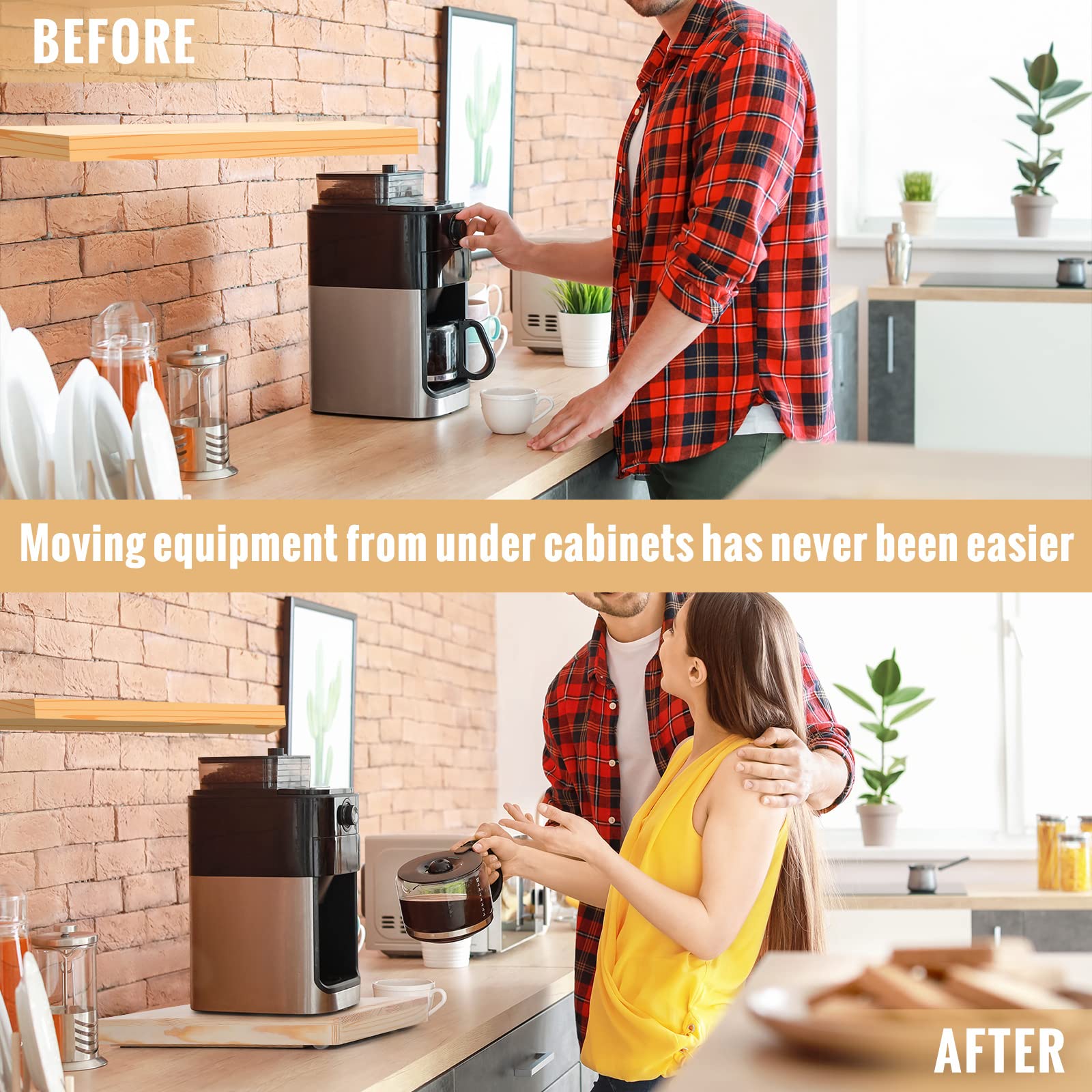 2 Pcs Wooden Kitchen Appliances Slider Handy Sliding Tray for Coffee Maker Kitchen Appliance Moving Caddy Countertop Slider with Smooth Rolling Wheels for Blender, Toaster, Air Fryer