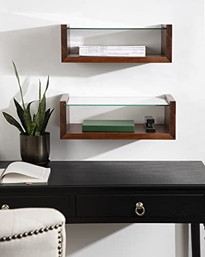 Kate and Laurel Holt Midcentury Floating Shelf, 18 x 10, Walnut Brown, Sophisticated Glass and Storage Shelf for Storage and Display