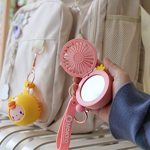 5665 Mini Portable Hand Fans, 3 Speed Adjustable USB Rechargeable Desk Fan with Mirror,Makeup Eyelash Fan,Key Chain,Folding 180° Rotating Free Adjustment for Camping Traveling Household (pink)