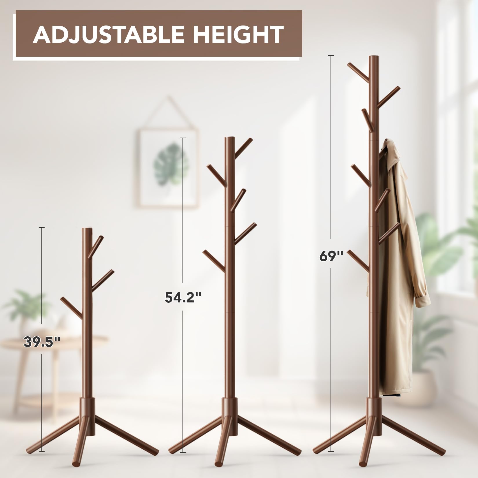Hupmad Wooden Tree Coat Rack Stand,Sturdy Freestanding Coat Rack with 8 Hooks,3 Adjustable Height for Child Adult,Wood Coat Stand Tree Fits Entryway Bedroom Office for Bags,Hats