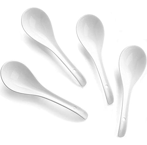 Bright White 6.75 inch Asian Soup Spoon Set of 4, Ultra-fine Porcelain Tablespoon, Chinese Soup Spoons/Japanese Kitchen Soup Spoons for Cereal, Small Spoons for Ramen Pho - Deep Oval Hook Design