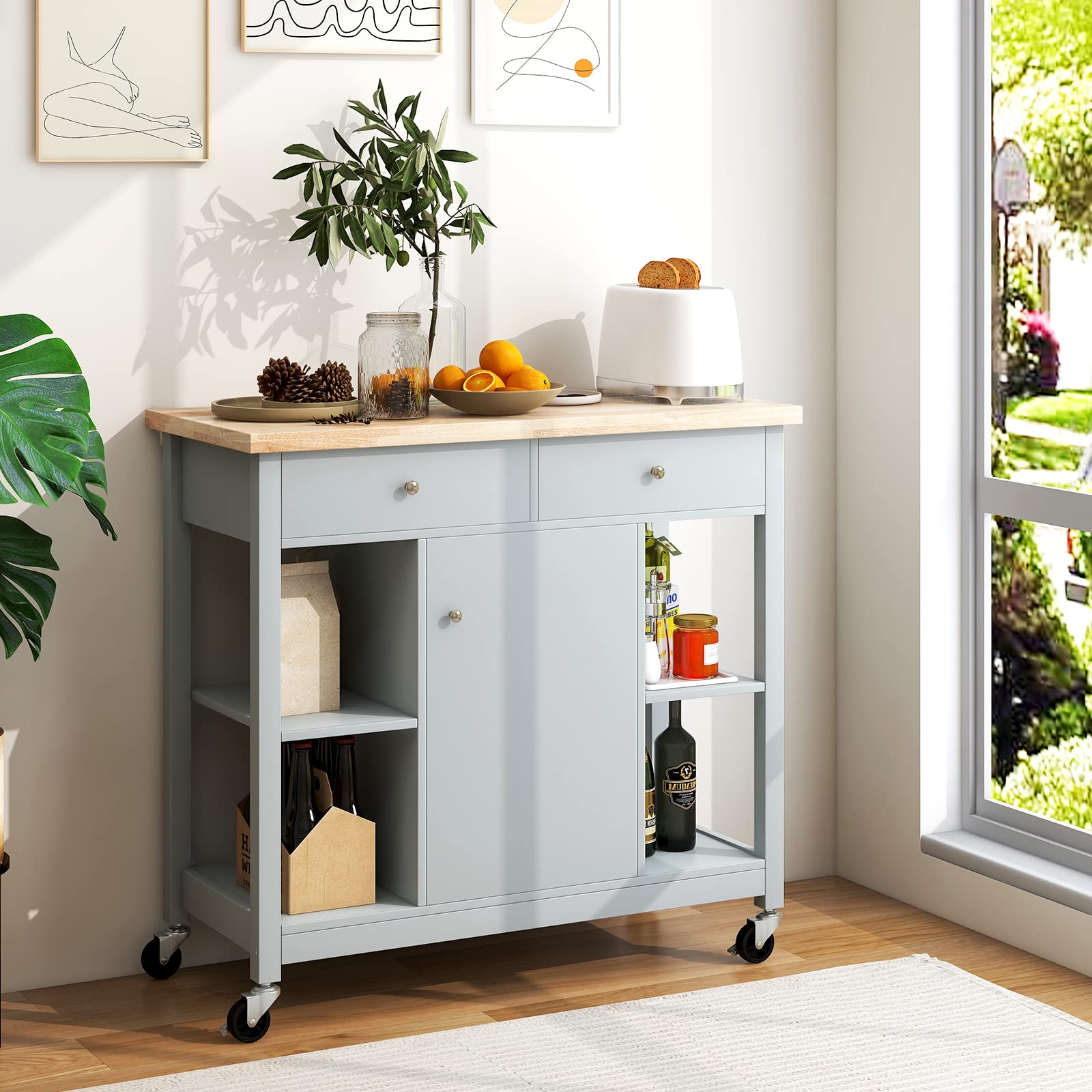 Giantex Mobile Kitchen Island Cart, Rolling Kitchen Island w/Rubber Wood Top, 4 Open Shelves, 2 Deep Drawers, 1 Enclosed Cabinet, Serving Utility Trolley on Wheels for Kitchen, Dining Room (Gray)