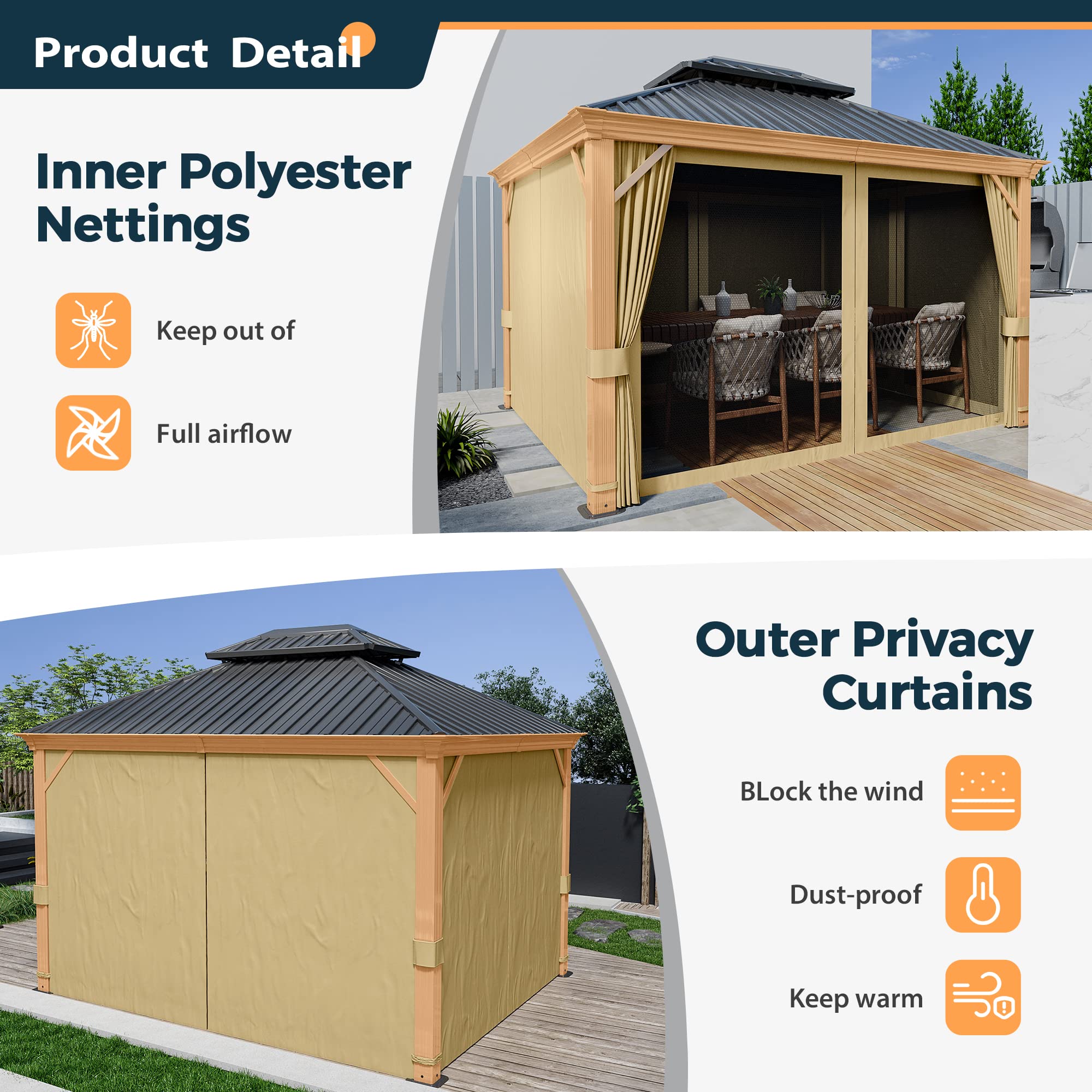 HAPPATIO 10' x 12' Hardtop Gazebo, Outdoor Wood Grain Frame Aluminum Gazebo with Galvanized Steel Double Roof,Patio Gazebo Canopy with Netting and Curtains for Patio, Lawns, Deck,Backyard (Beige)