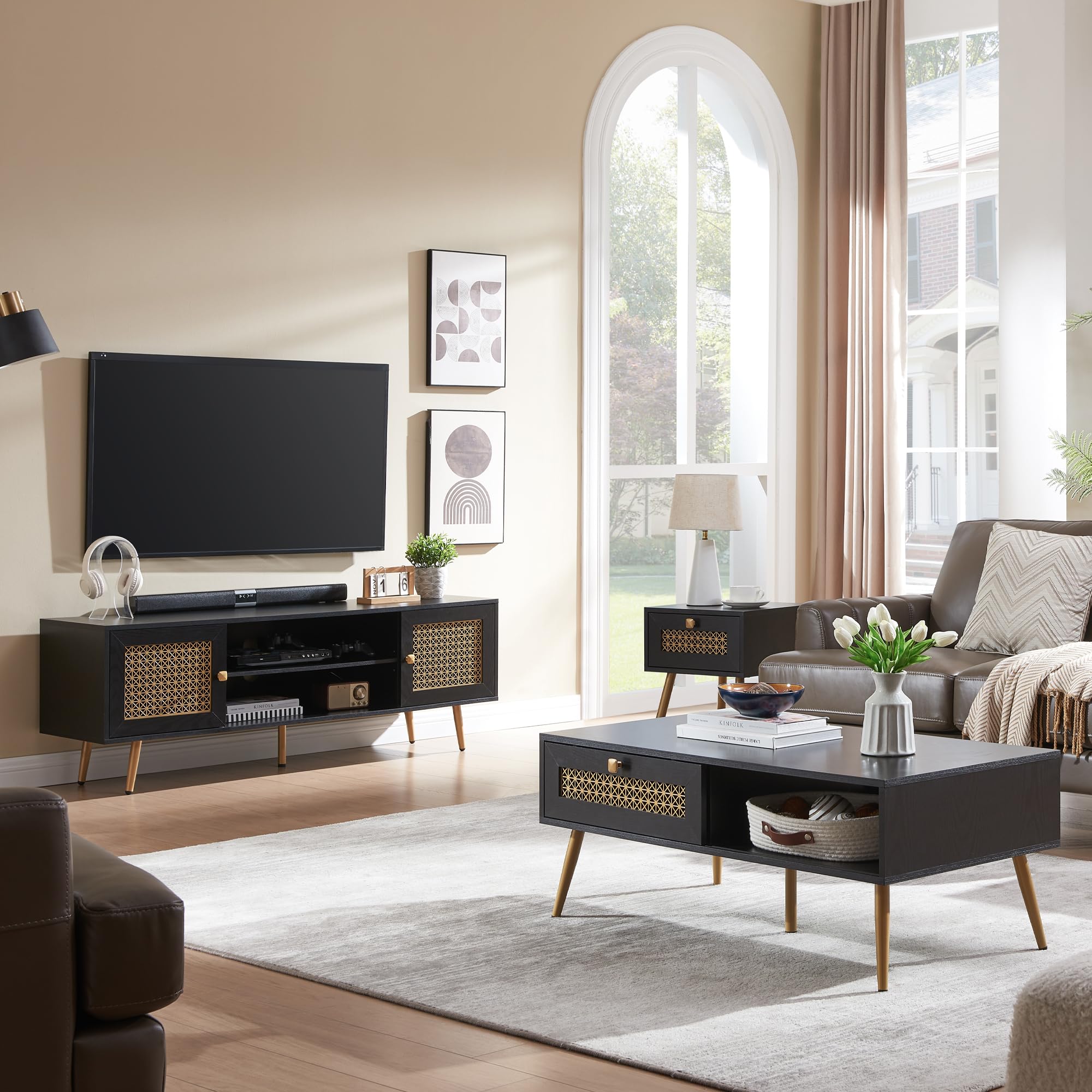 JYED DECOR Mid Century Modern TV Stand for 65 inch TV, Entertainment Center with Storage, Metal Mesh Decorated Cabinet Doors for Living Room, Black
