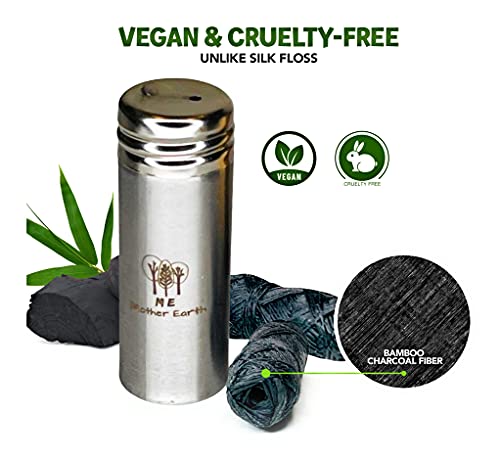 Vegan Biodegradable Bamboo Charcoal Dental Floss with Refillable Stainless Steel Container | 33yds x2 | Extra Floss Refill | Natural Candelilla Wax | Peppermint | Eco Zero Waste Oral Care