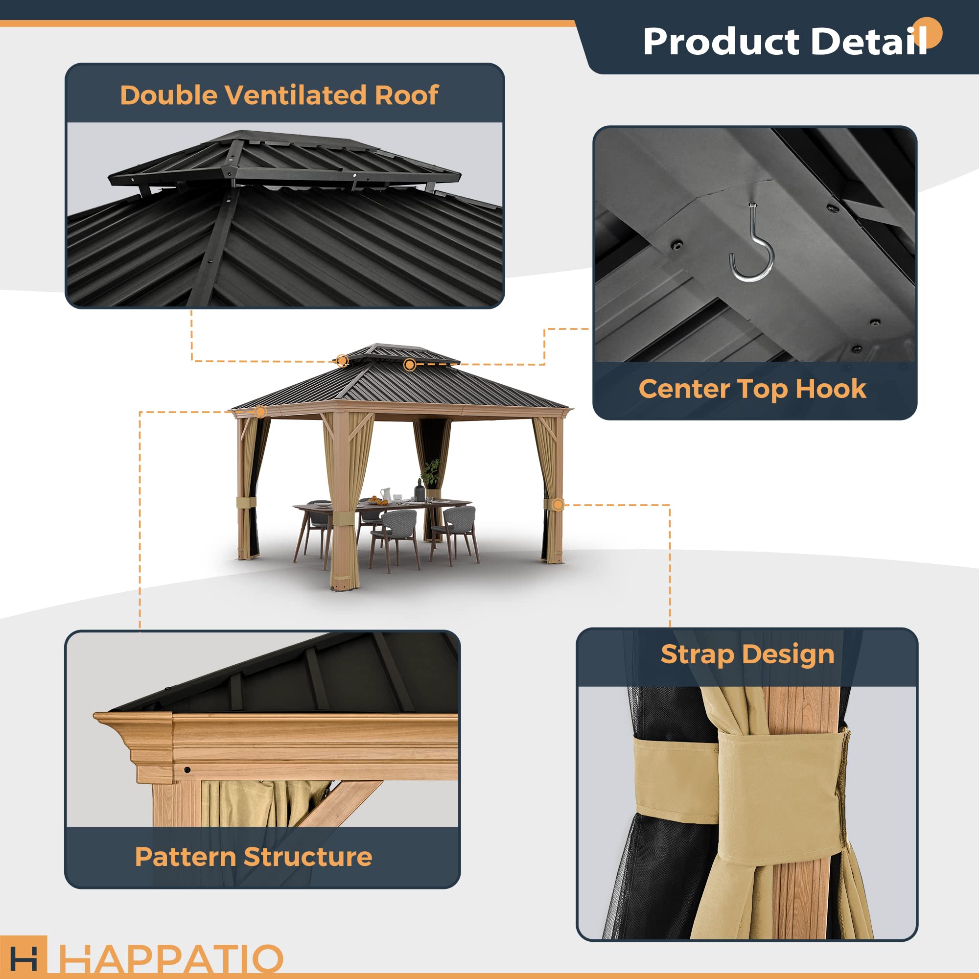 HAPPATIO 10' x 12' Hardtop Gazebo, Outdoor Wood Grain Frame Aluminum Gazebo with Galvanized Steel Double Roof,Patio Gazebo Canopy with Netting and Curtains for Patio, Lawns, Deck,Backyard (Beige)