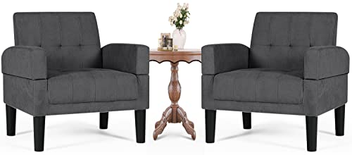 TYBOATLE Mid-Century Modern Upholstered Fabric Living Room Accent Arm Chairs Set of 2, Tufted Bedroom Office Armchair Single Sofa, Reading Lounging Side Lounge Chair Living Room Furniture (Grey)