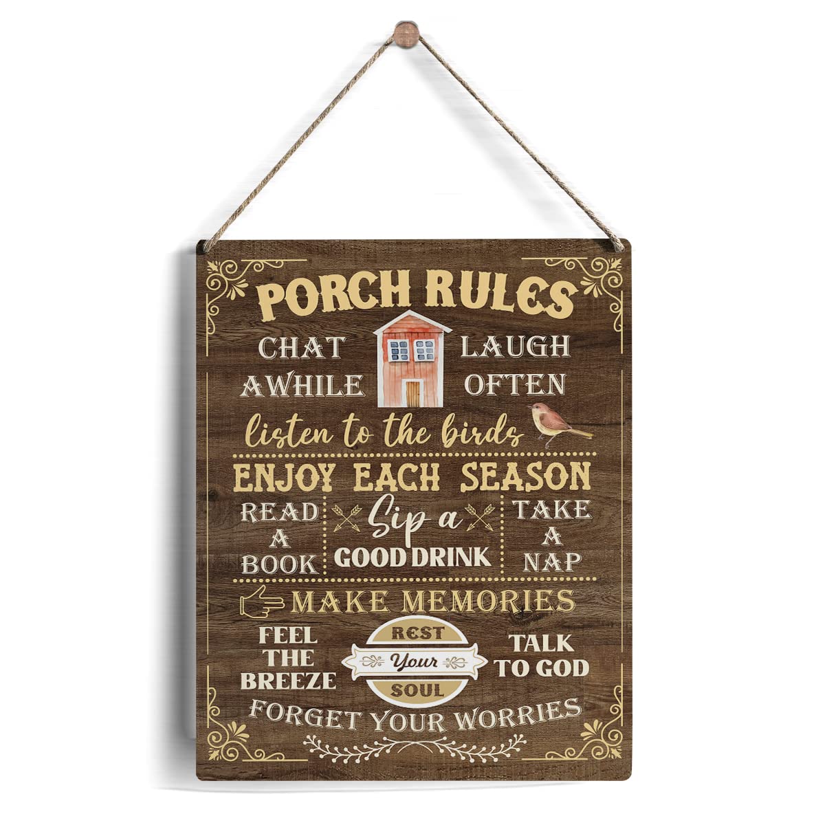 Porch Sign Gifts, Rustic Porch Rules Chat Awhile Laugh Often Wooden Signs Wood Plaque Hanging Sign Home Porch Decor 8 x 10 Inches