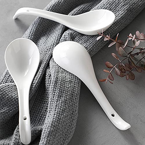Bright White 6.75 inch Asian Soup Spoon Set of 4, Ultra-fine Porcelain Tablespoon, Chinese Soup Spoons/Japanese Kitchen Soup Spoons for Cereal, Small Spoons for Ramen Pho - Deep Oval Hook Design
