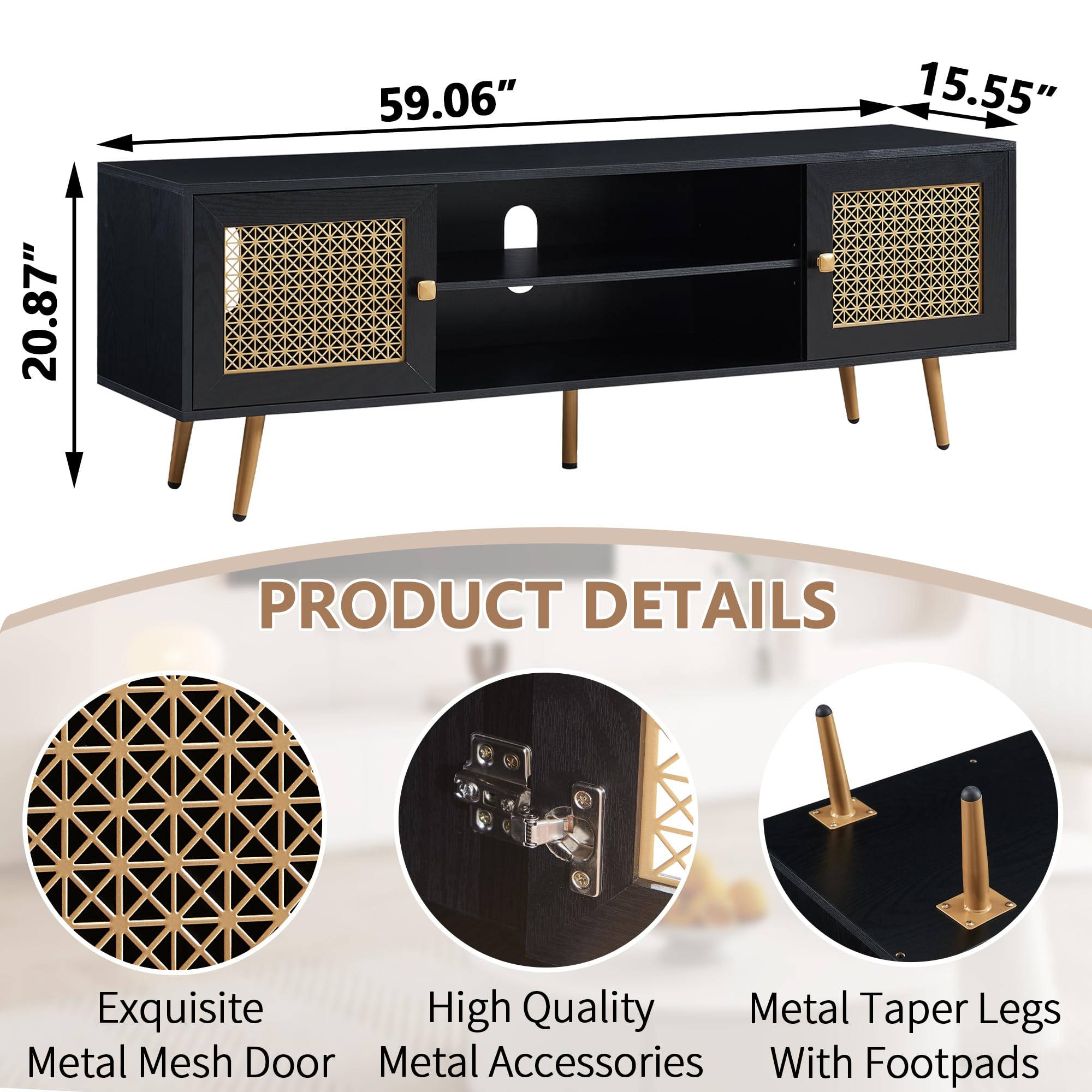 JYED DECOR Mid Century Modern TV Stand for 65 inch TV, Entertainment Center with Storage, Metal Mesh Decorated Cabinet Doors for Living Room, Black