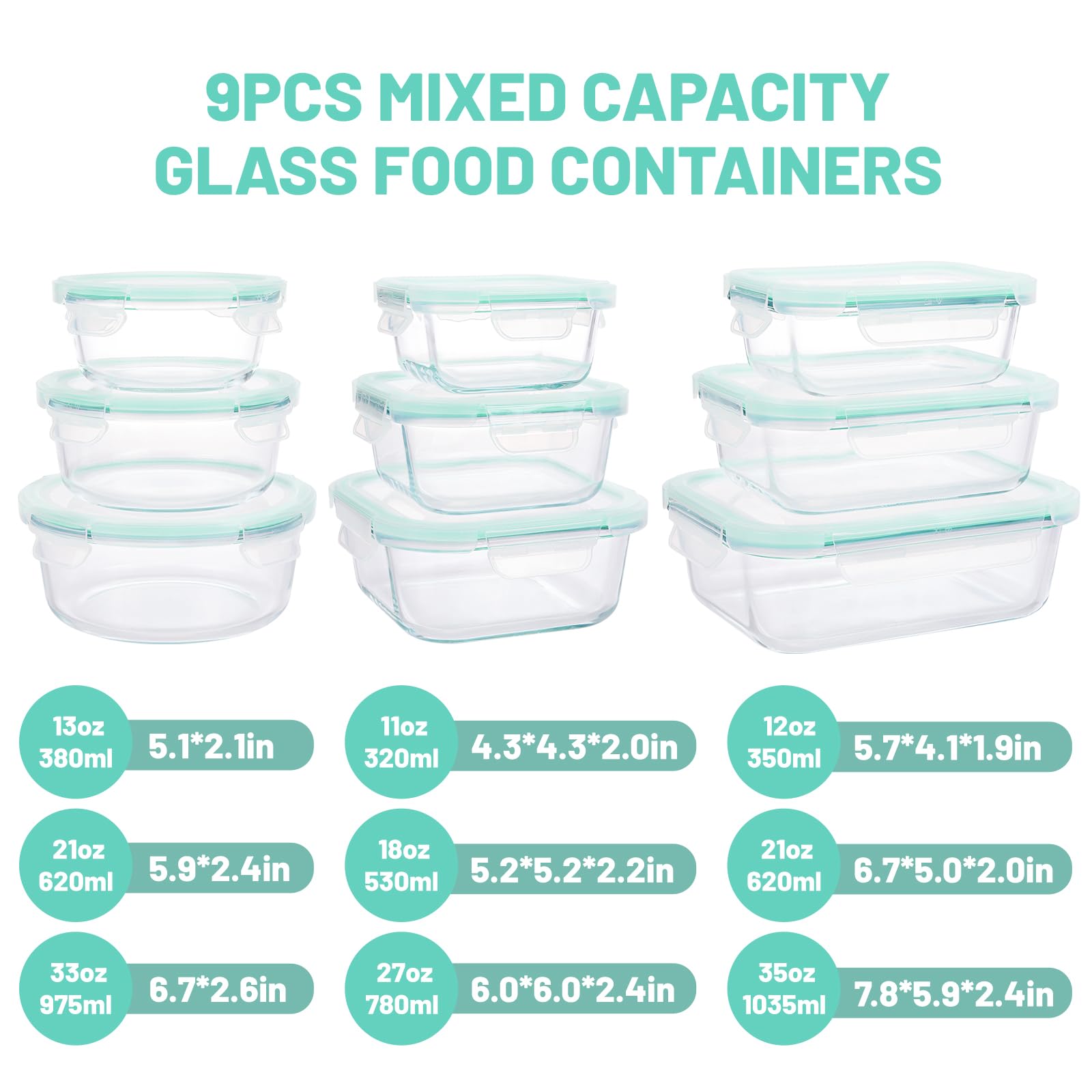Moretoes 9pcs Glass Meal Prep Container, Glass Food Storage Containers with Lids, Meal Prep Lunch Boxes, Airtight, Glass, Leakproof Containers Set, Glass Food Storage Containers with Lids