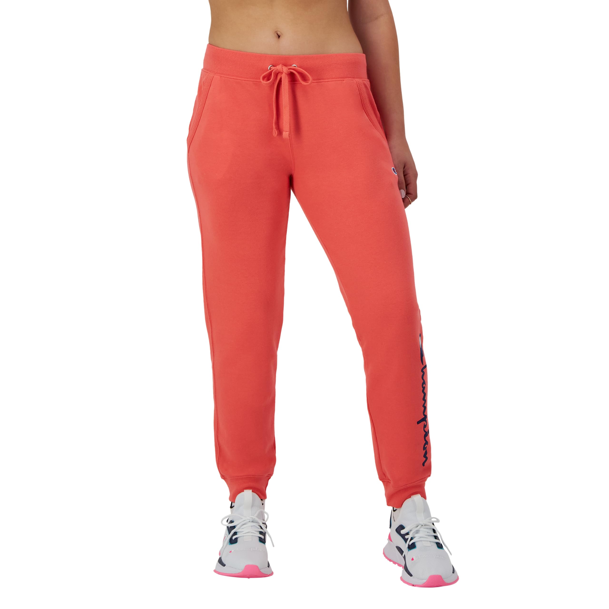 Champion, Powerblend, Fleece Joggers, Comfortable Pants for Women, 29" (Plus, High Tide Coral Script, Small