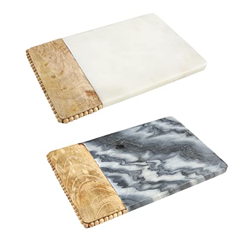 Mud Pie Beaded Wood & Marble Cutting Board, White, 8" x 12"