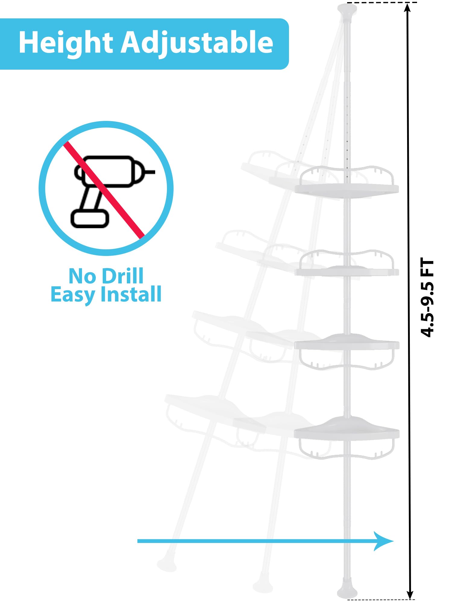 MIYA Adjustable Shower Caddy Corner Tension Pole, 4.5-9.5 FT Standing Corner Shower Organizer, 4-Tier Bathroom Storage Shelf for Inside Shower, Rustproof White Bathtub Caddies with Hooks, Drill Free