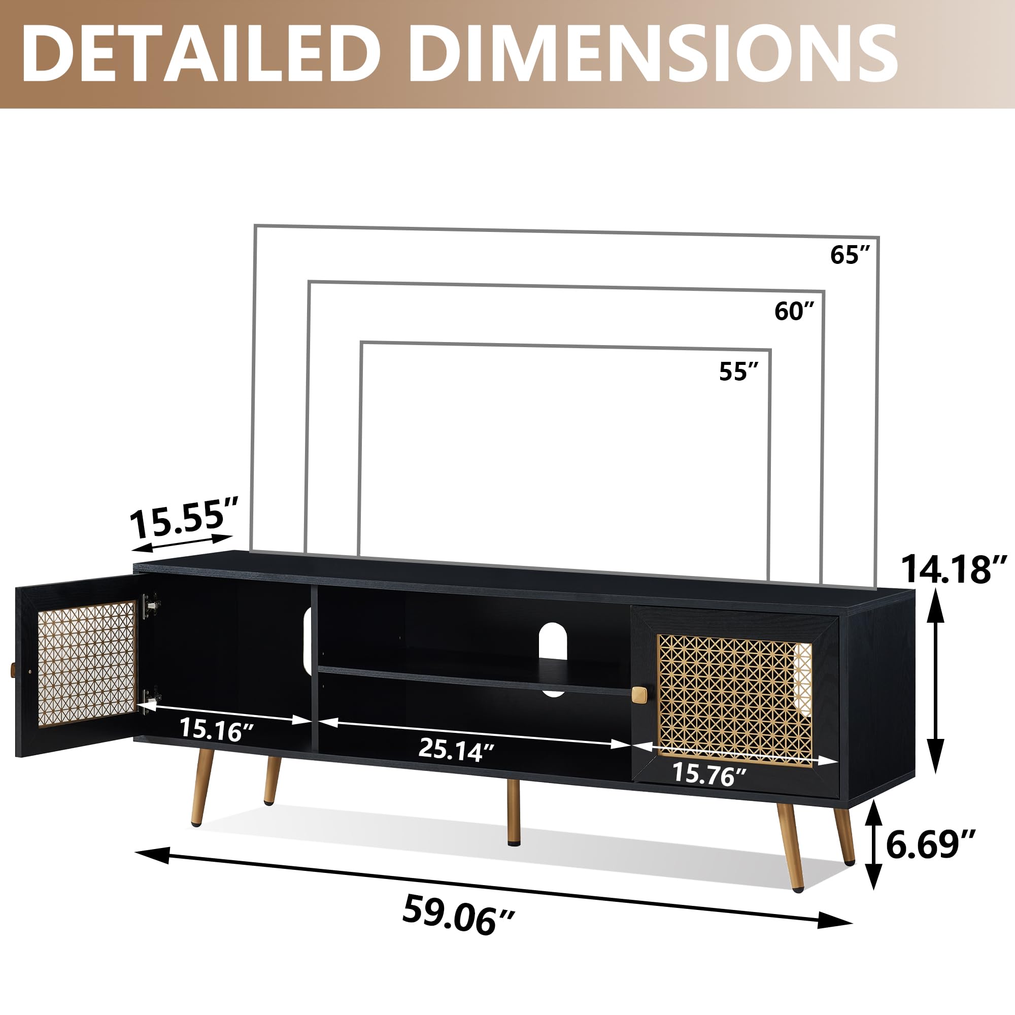 JYED DECOR Mid Century Modern TV Stand for 65 inch TV, Entertainment Center with Storage, Metal Mesh Decorated Cabinet Doors for Living Room, Black