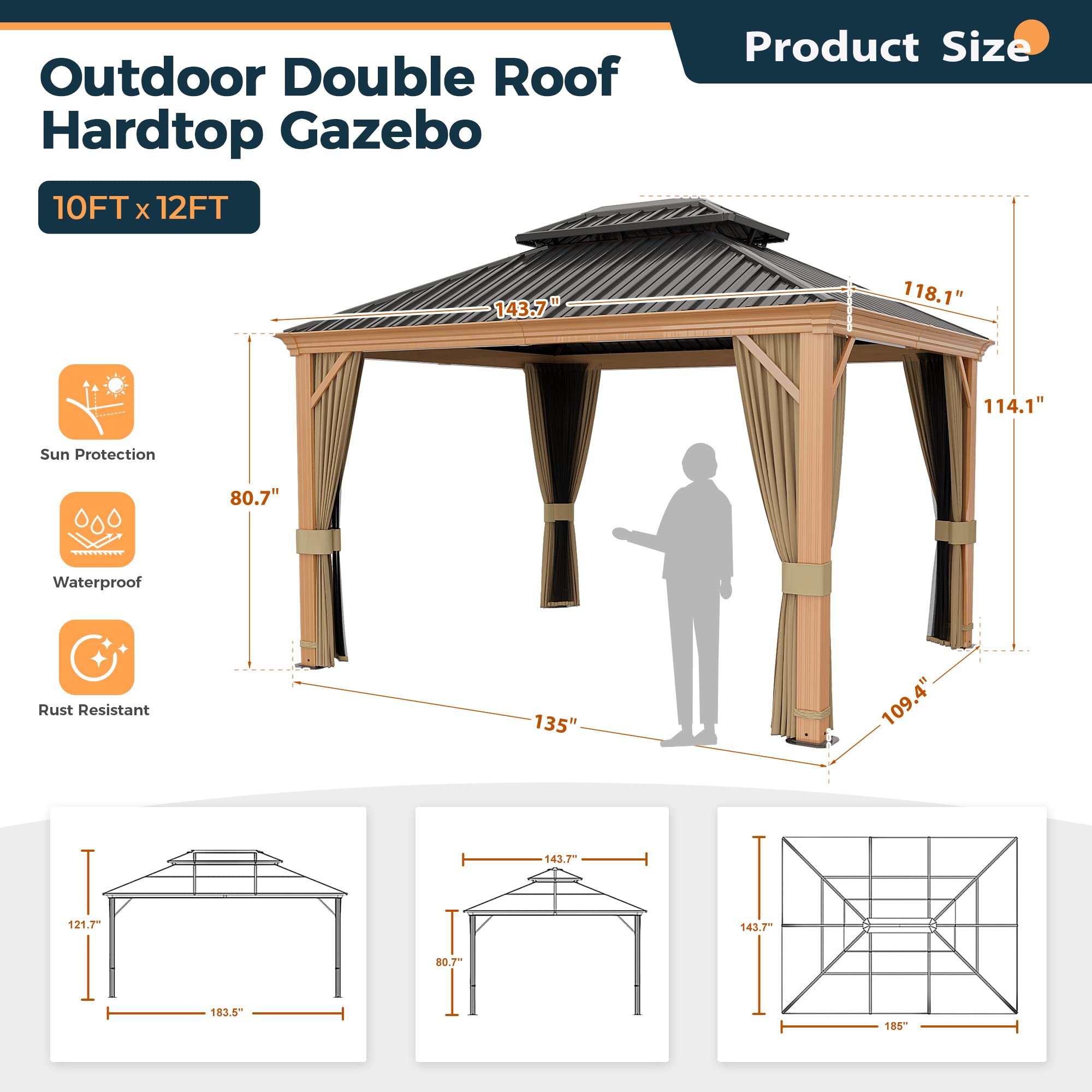 HAPPATIO 10' x 12' Hardtop Gazebo, Outdoor Wood Grain Frame Aluminum Gazebo with Galvanized Steel Double Roof,Patio Gazebo Canopy with Netting and Curtains for Patio, Lawns, Deck,Backyard (Beige)