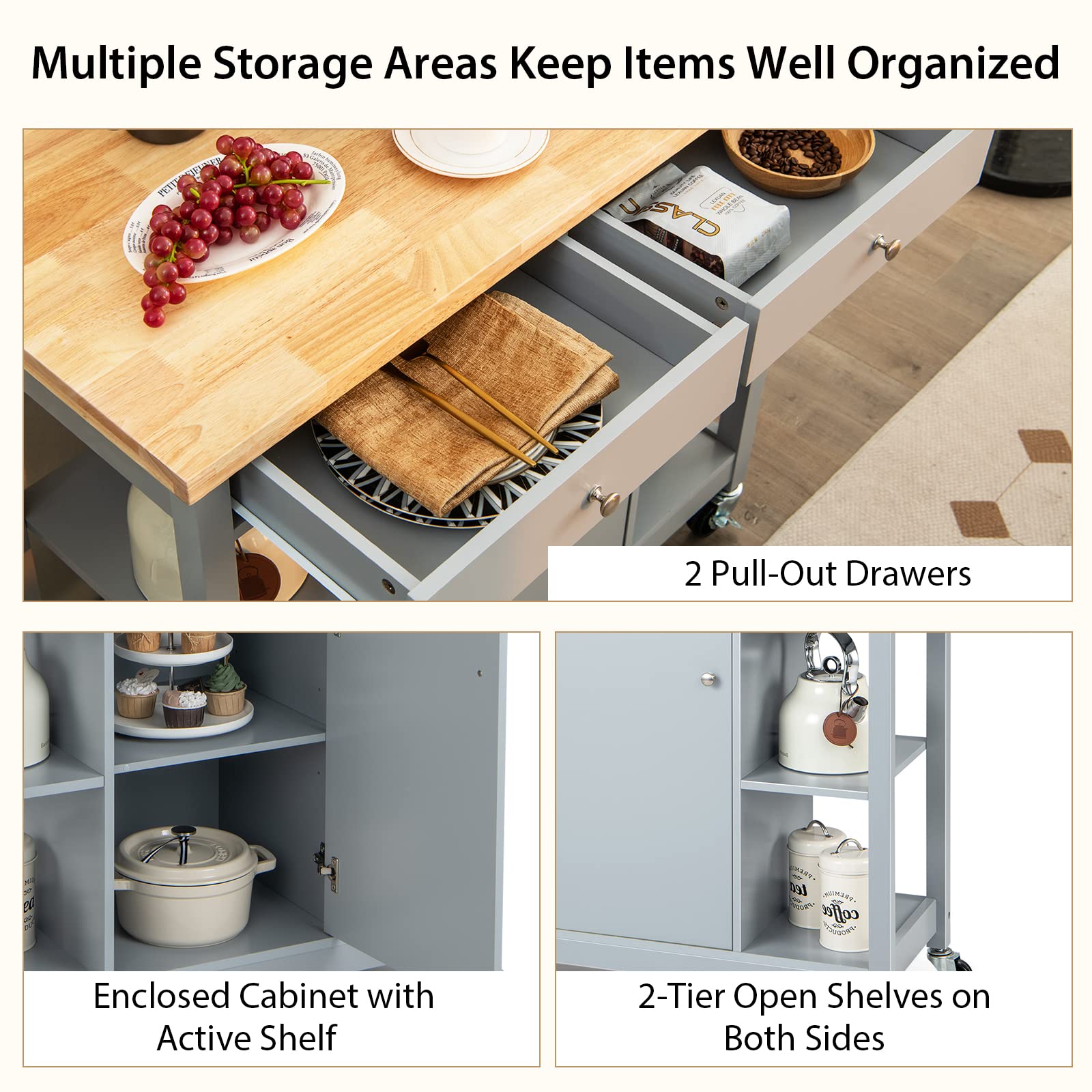 Giantex Mobile Kitchen Island Cart, Rolling Kitchen Island w/Rubber Wood Top, 4 Open Shelves, 2 Deep Drawers, 1 Enclosed Cabinet, Serving Utility Trolley on Wheels for Kitchen, Dining Room (Gray)