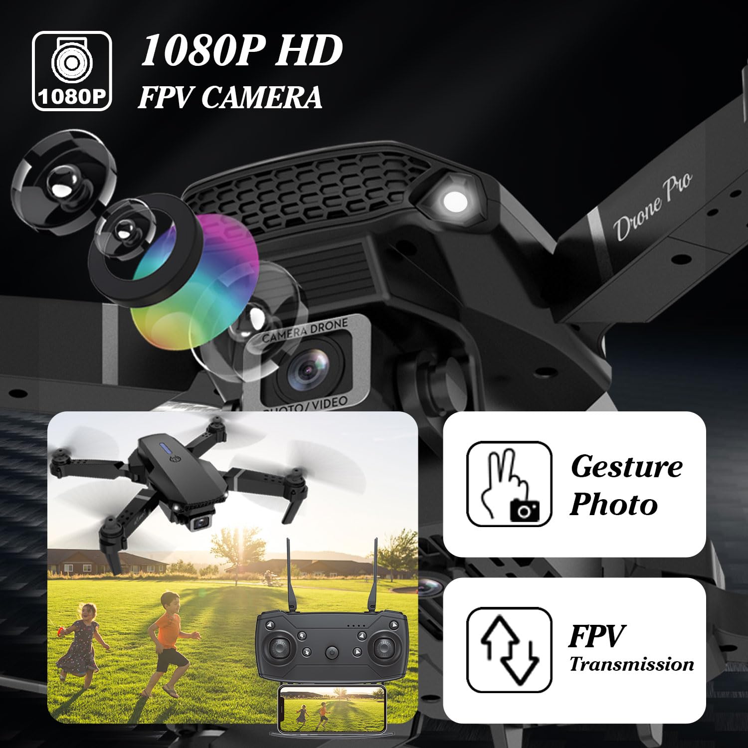 Kids Drone with Camera Foldable Mini Drone for Kids Boys Beginners Toys Drone Gestures Selfie One Key Start 360° Flips 2 Batteries Toy Gifts for Boys Black