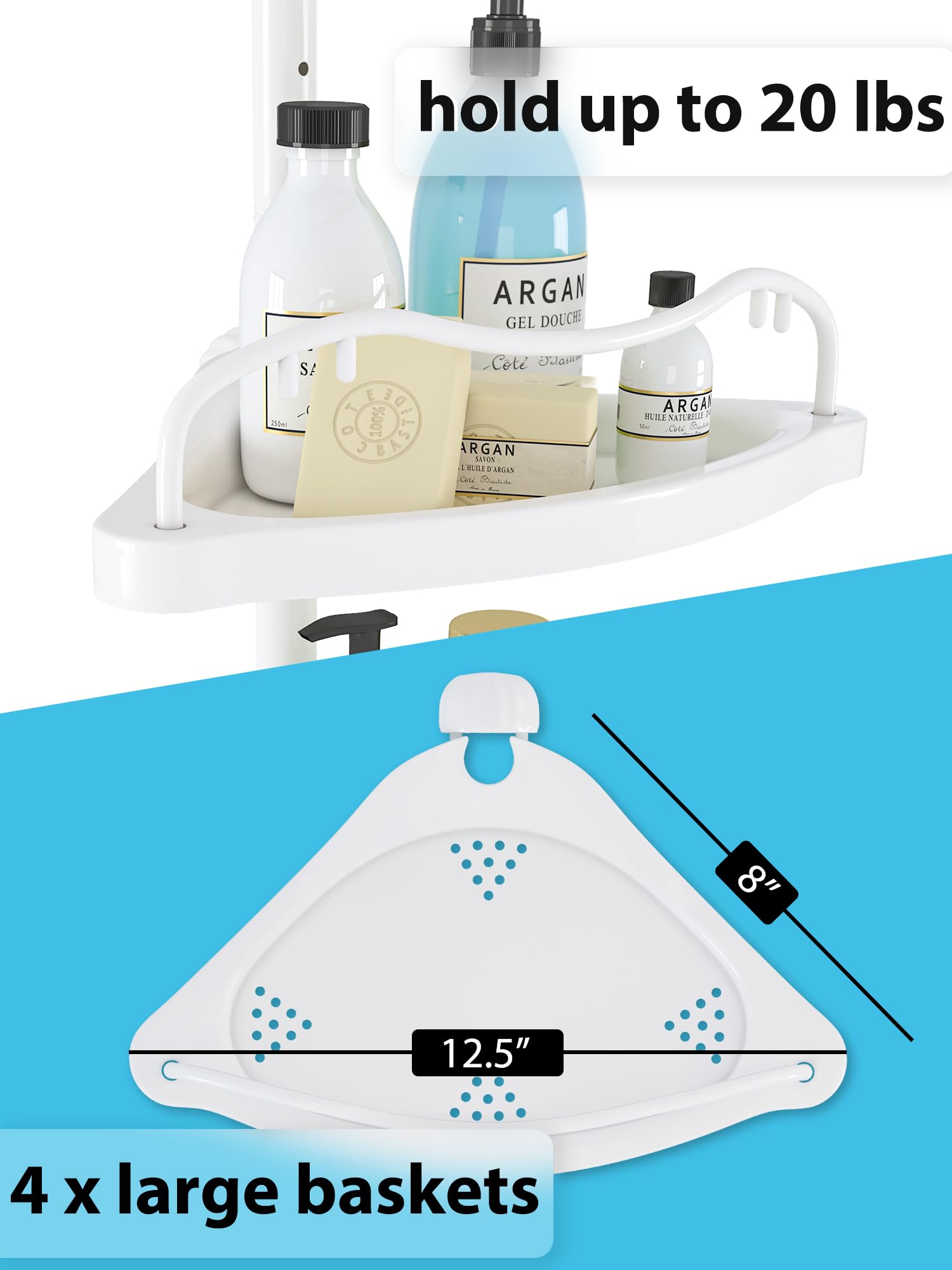 MIYA Adjustable Shower Caddy Corner Tension Pole, 4.5-9.5 FT Standing Corner Shower Organizer, 4-Tier Bathroom Storage Shelf for Inside Shower, Rustproof White Bathtub Caddies with Hooks, Drill Free