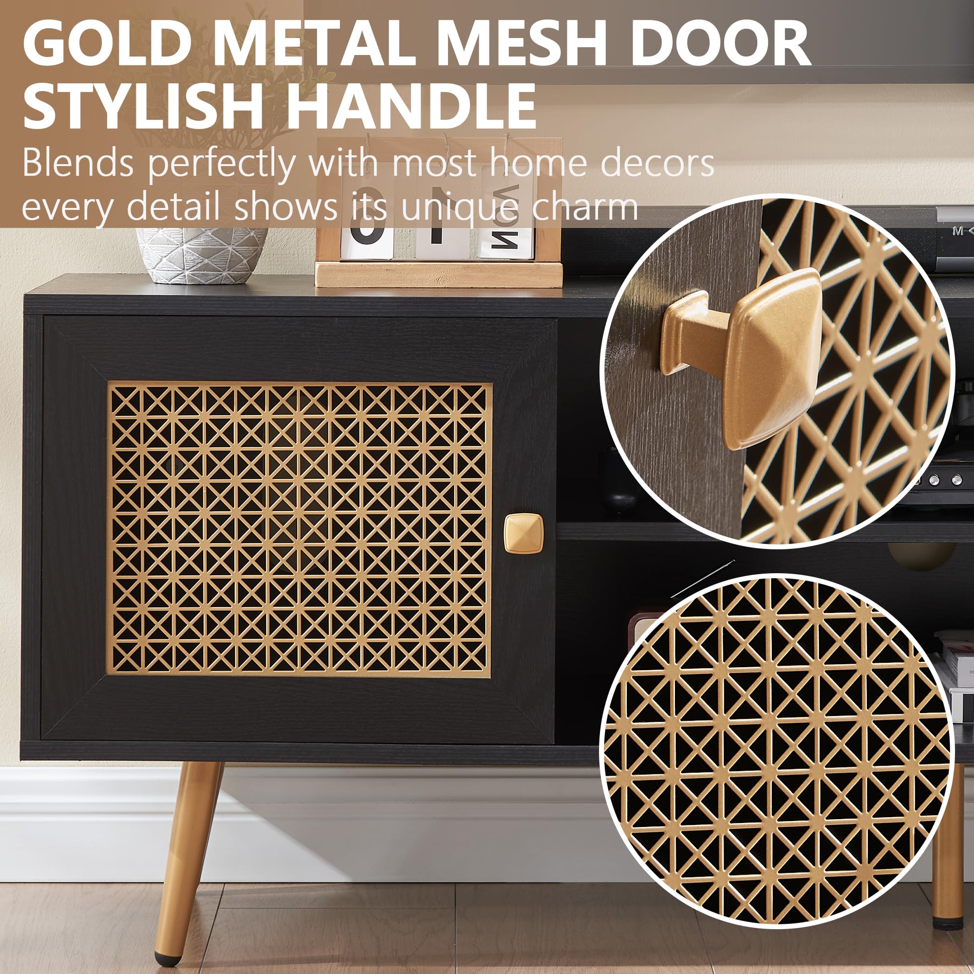 JYED DECOR Mid Century Modern TV Stand for 65 inch TV, Entertainment Center with Storage, Metal Mesh Decorated Cabinet Doors for Living Room, Black