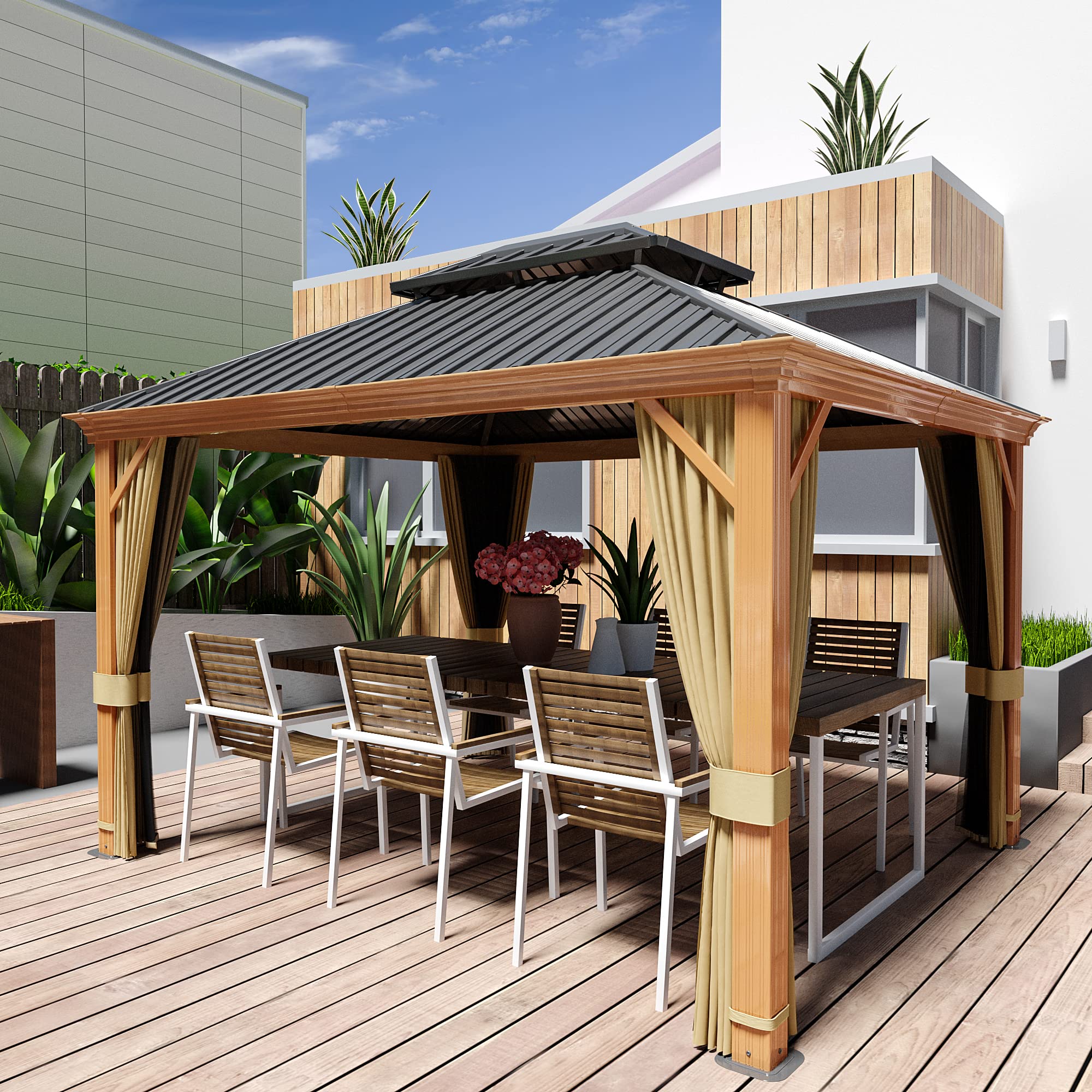 HAPPATIO 10' x 12' Hardtop Gazebo, Outdoor Wood Grain Frame Aluminum Gazebo with Galvanized Steel Double Roof,Patio Gazebo Canopy with Netting and Curtains for Patio, Lawns, Deck,Backyard (Beige)