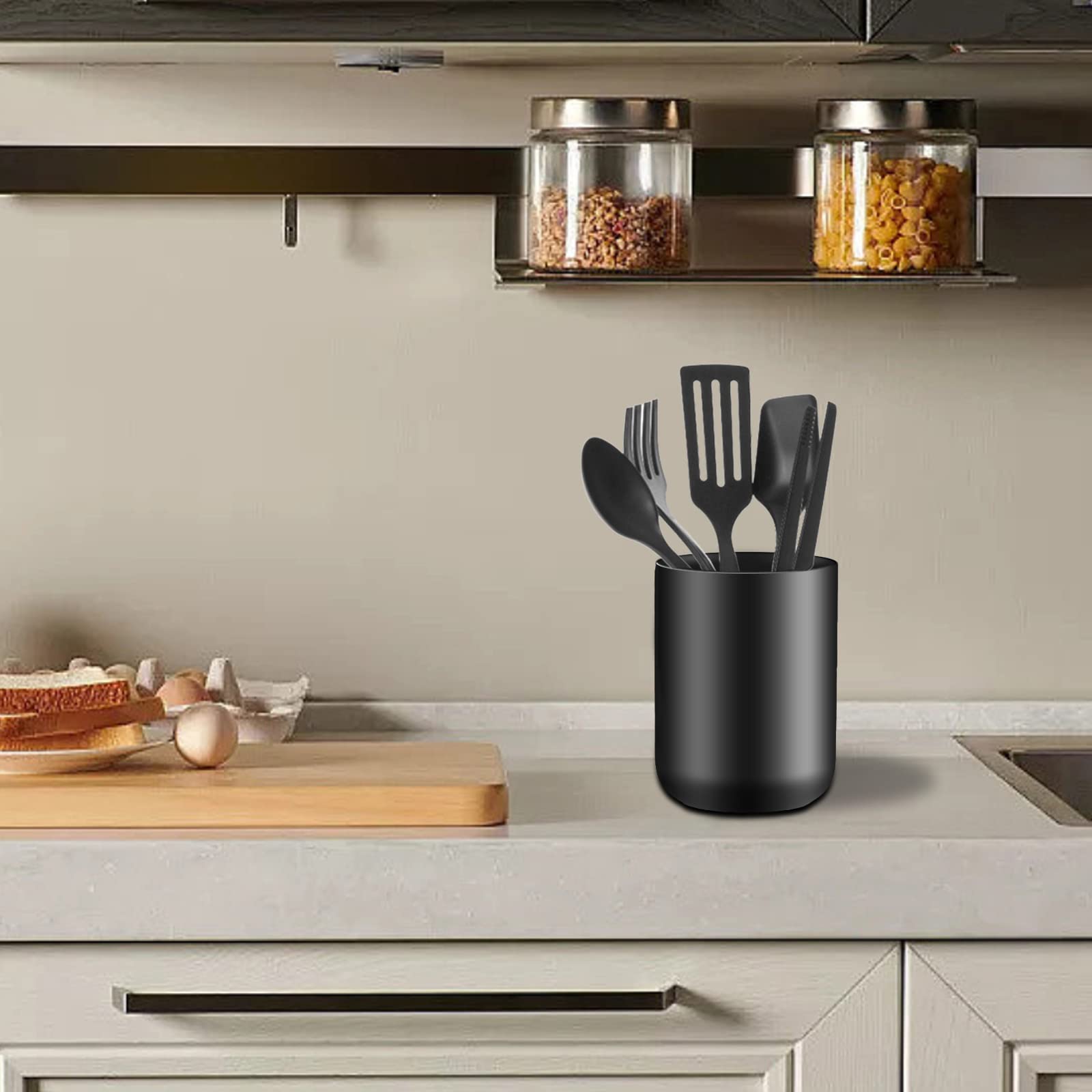 HOMURY Black Ceramic Kitchen Utensil Holder 3.98 Γ 5.28 Inch Matte Utensil Holder with Non-slip Base Black Ceramic Kitchen Utensil Holder Kitchen Supplies, Countertop Utensil Organizer for Kitchen