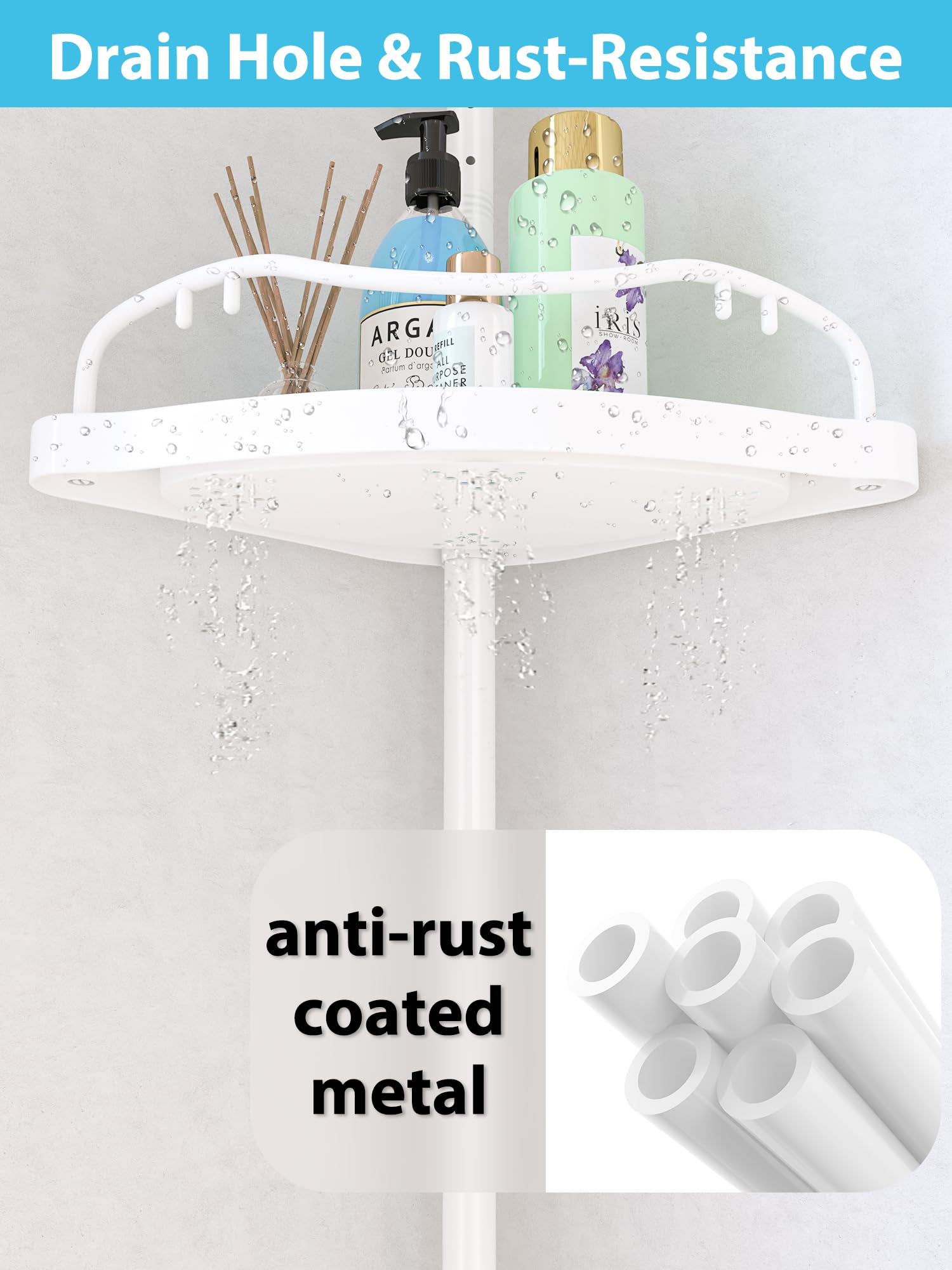 MIYA Adjustable Shower Caddy Corner Tension Pole, 4.5-9.5 FT Standing Corner Shower Organizer, 4-Tier Bathroom Storage Shelf for Inside Shower, Rustproof White Bathtub Caddies with Hooks, Drill Free