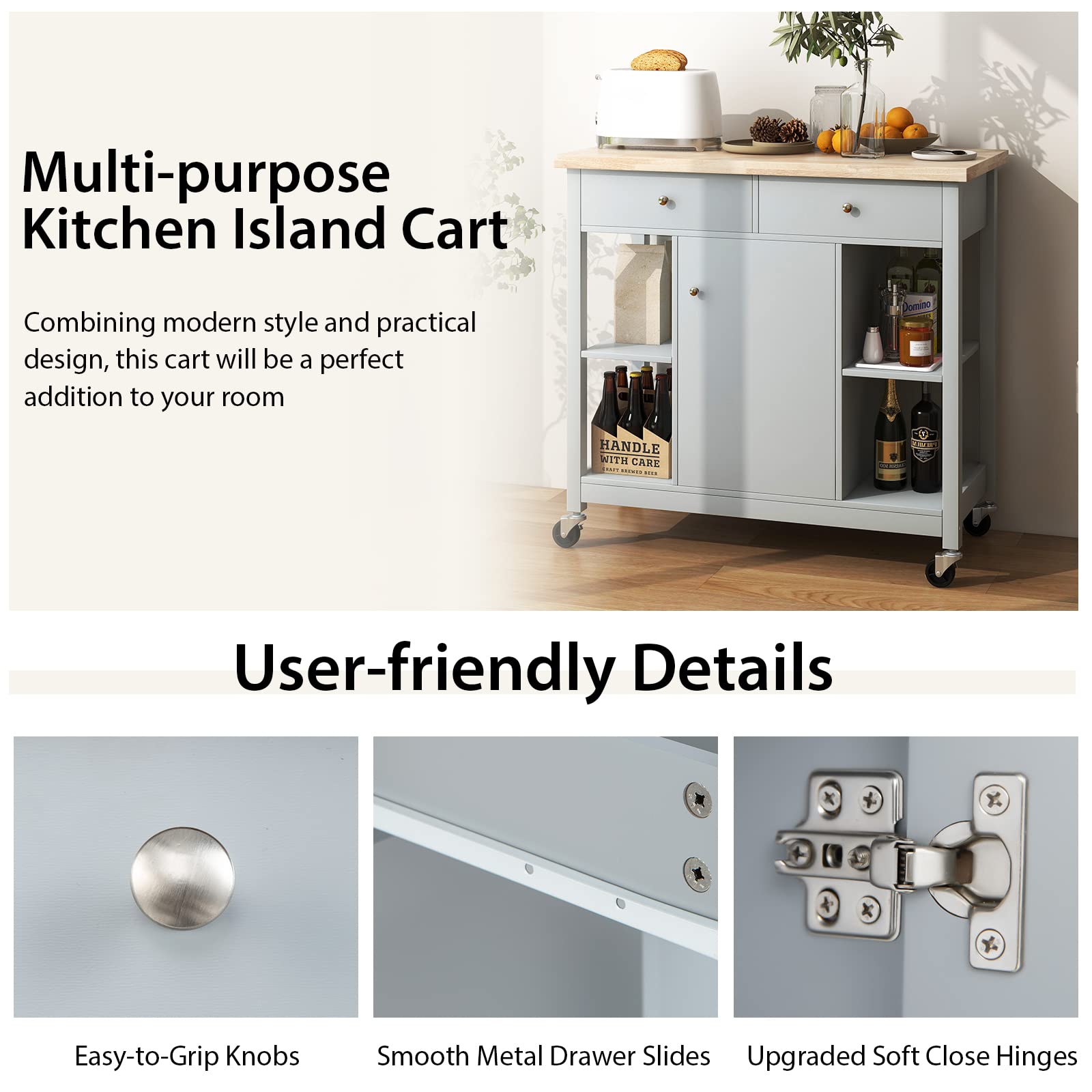 Giantex Mobile Kitchen Island Cart, Rolling Kitchen Island w/Rubber Wood Top, 4 Open Shelves, 2 Deep Drawers, 1 Enclosed Cabinet, Serving Utility Trolley on Wheels for Kitchen, Dining Room (Gray)