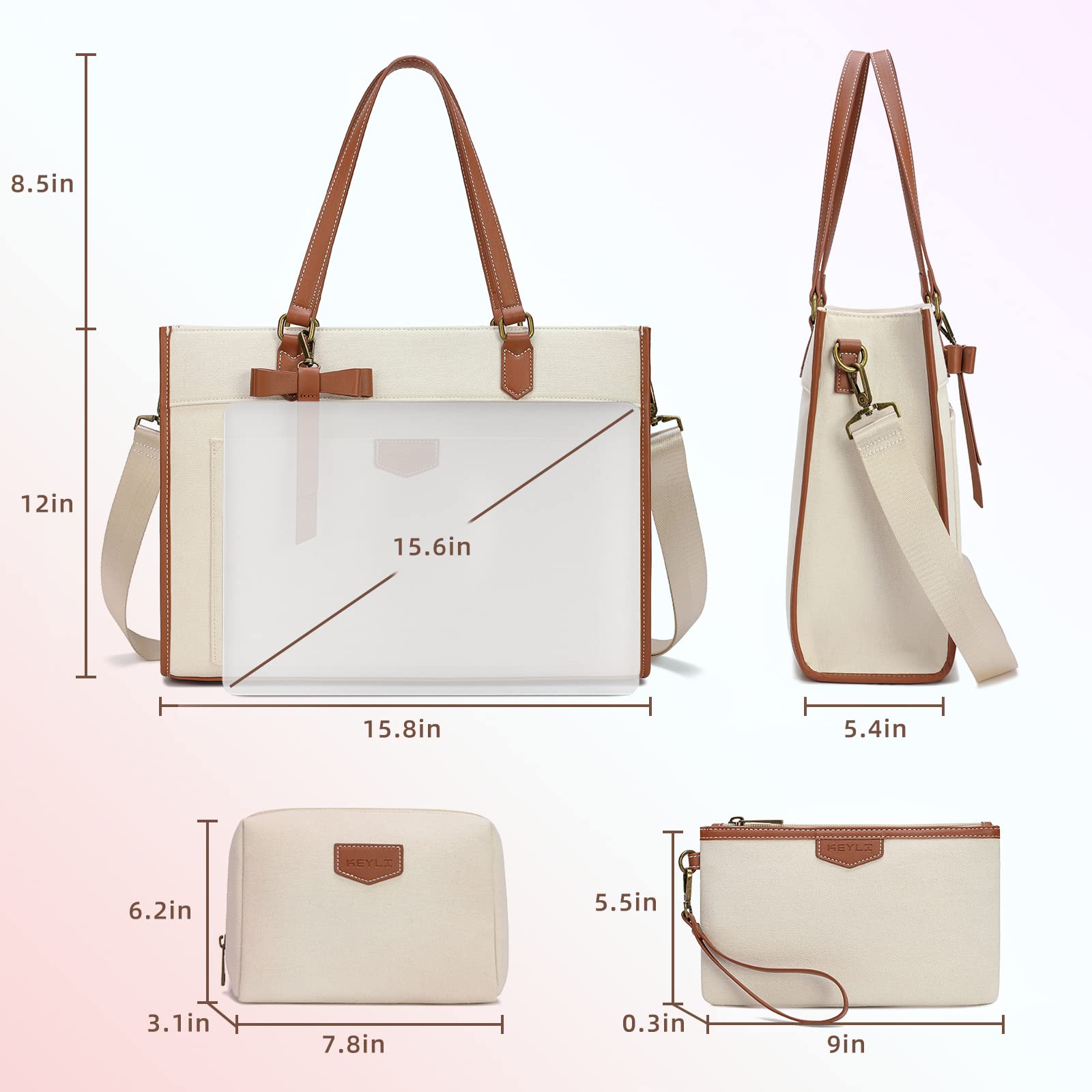 Keyli Canvas Laptop Tote Bag for Women - 15.6 inch Casual Work Shoulder Bag with Large Capacity - Brown