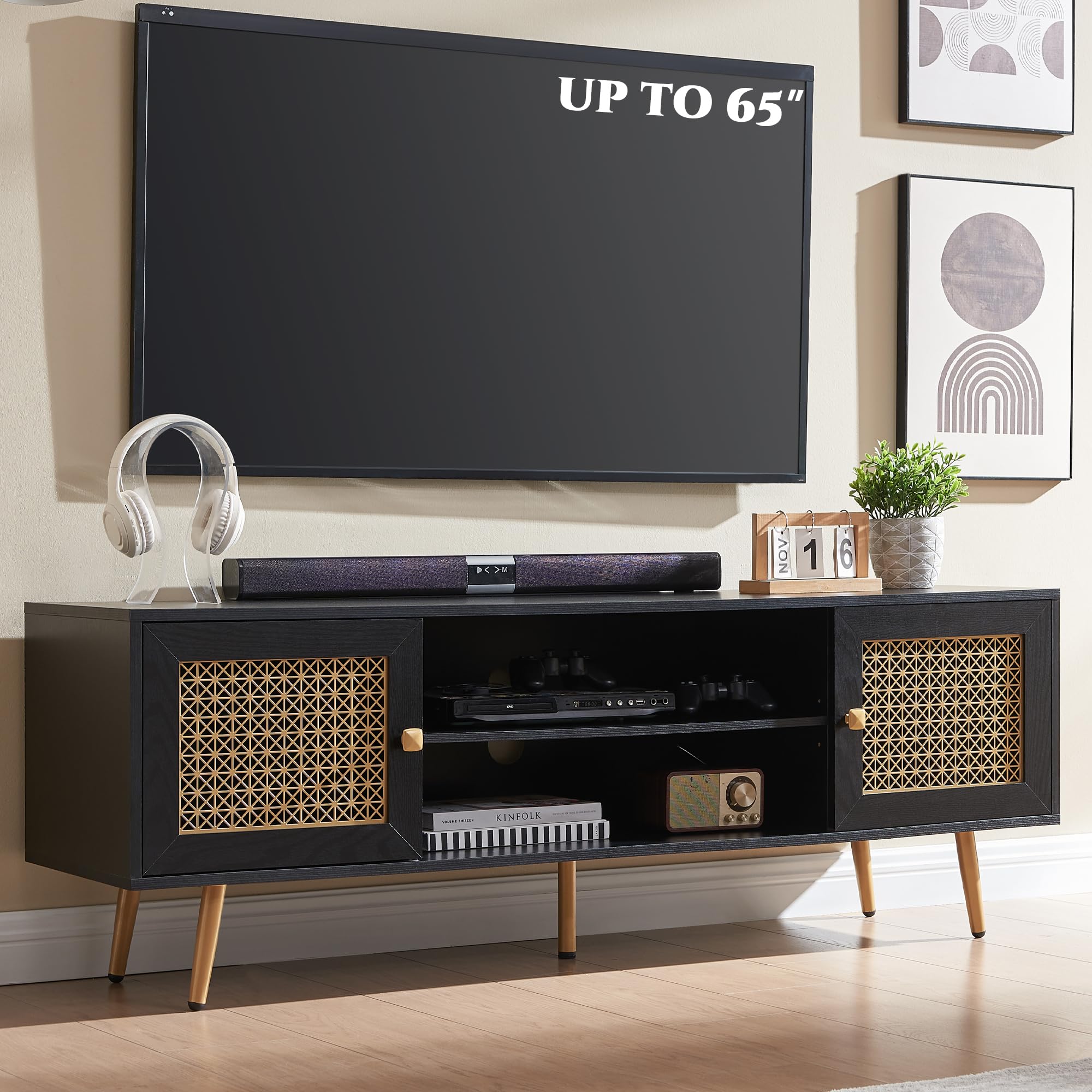 JYED DECOR Mid Century Modern TV Stand for 65 inch TV, Entertainment Center with Storage, Metal Mesh Decorated Cabinet Doors for Living Room, Black