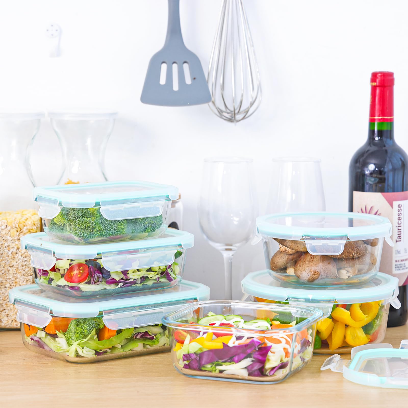 Moretoes 9pcs Glass Meal Prep Container, Glass Food Storage Containers with Lids, Meal Prep Lunch Boxes, Airtight, Glass, Leakproof Containers Set, Glass Food Storage Containers with Lids