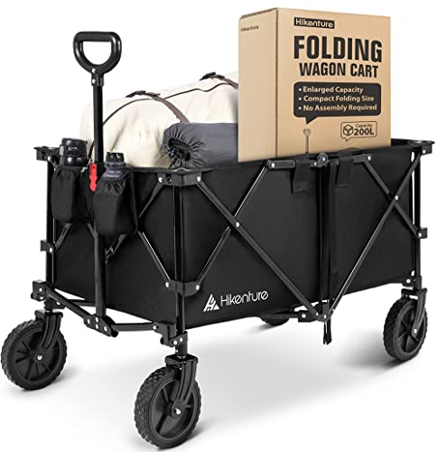 Hikenture Folding Wagon Cart, Portable Large Capacity Beach Wagon, Heavy Duty Utility Collapsible Wagon with All-Terrain Wheels, Outdoor Garden Cart Foldable Wagon for Sports, Shopping, Camping(Black)