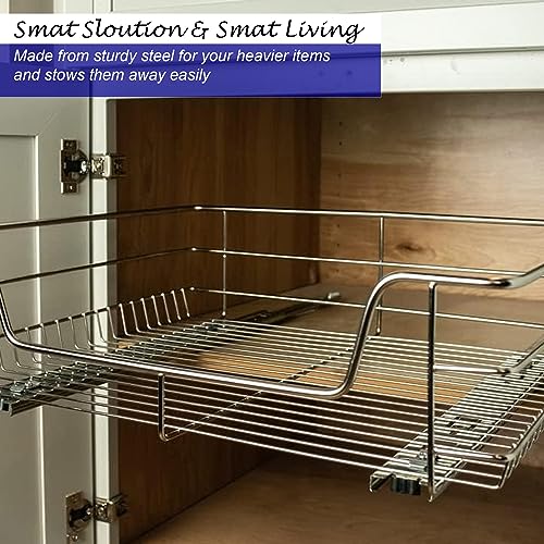 Deep Pull Out Cabinet Organizer 13.6" Wide x 17" Deep - Premium Kitchen Cabinet Pull Out Shelves for Cabinets - Slide Out Bottom Mounted Pantry Shelves and Cabinet Drawers - Easy Installation