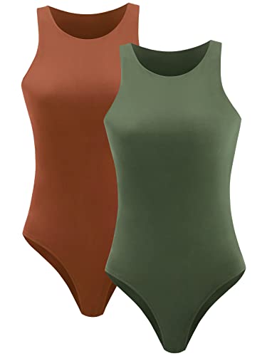 Degkim sexy bodysuit for women Halter Neck shapewear bodysuits trendy tank tops 2 pack Olive Caramel M