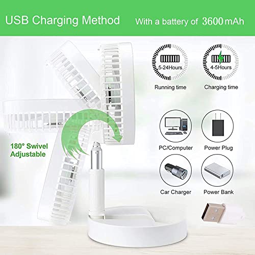 Portable Desk Fan,Foldable Fan Pedestal Stand Floor Fan Adjustable Height from 14.2 inch to 39inch, 4 Speeds & Time Settings, 7200mAh Rechargeable Battery Telescopic Oscillate USB Charging (WHITE)