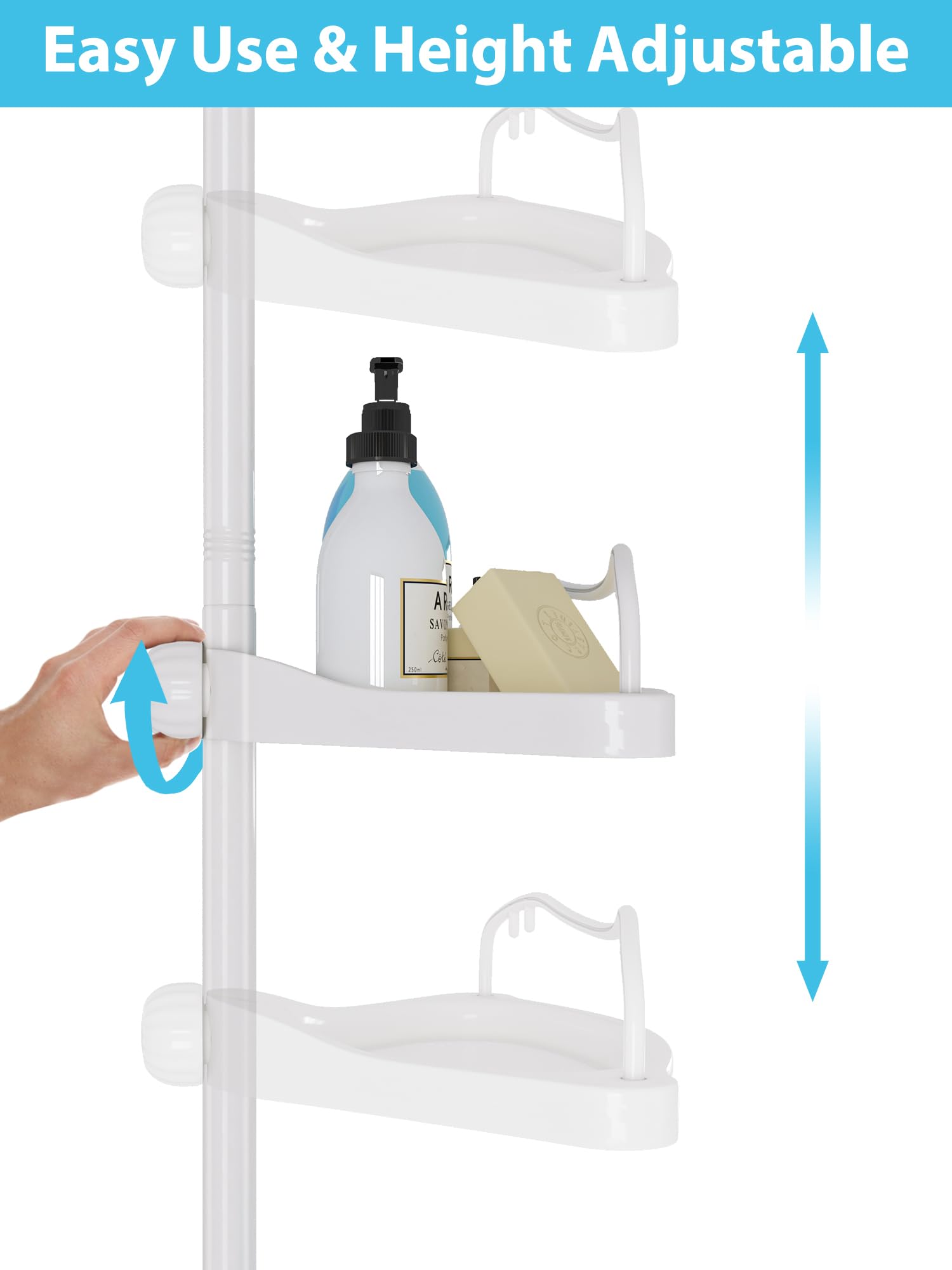 MIYA Adjustable Shower Caddy Corner Tension Pole, 4.5-9.5 FT Standing Corner Shower Organizer, 4-Tier Bathroom Storage Shelf for Inside Shower, Rustproof White Bathtub Caddies with Hooks, Drill Free