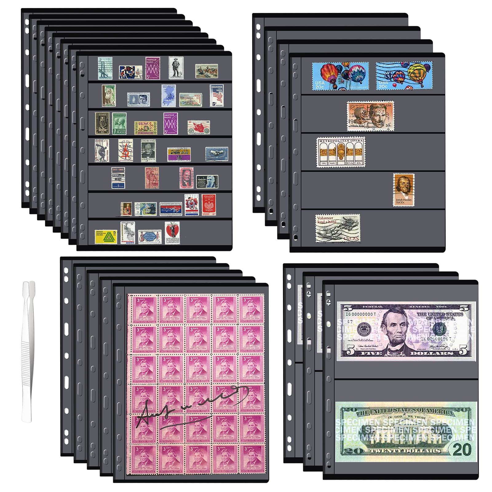 20 Sheets Stamp Pages for Stamp Album Binder, 1/2/5/7 Rows Pages for Stamps Postage Collection Book, Stamp Collecting Supplies for Stamp Collectors Display (with 1PCS Stamp Tweezer)