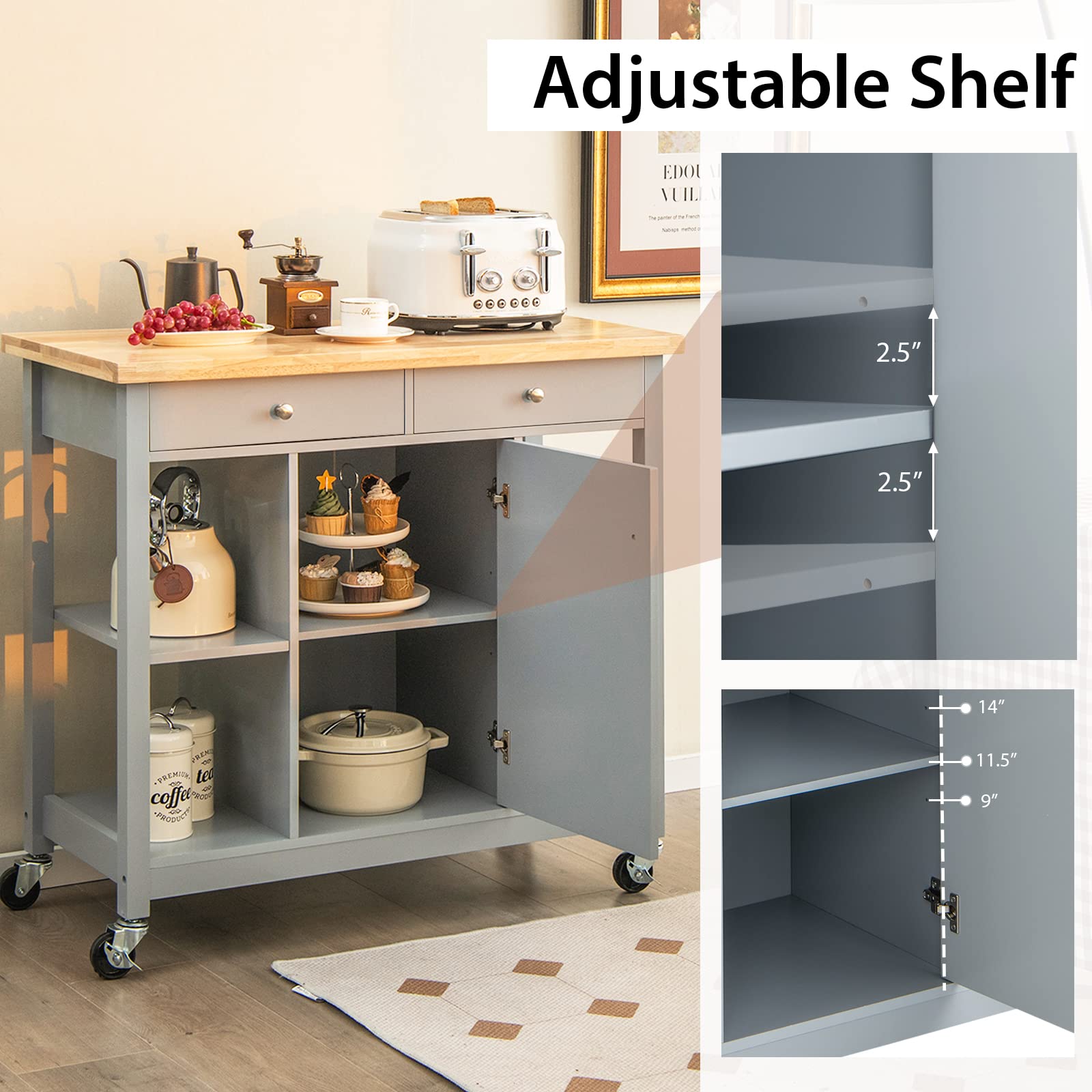 Giantex Mobile Kitchen Island Cart, Rolling Kitchen Island w/Rubber Wood Top, 4 Open Shelves, 2 Deep Drawers, 1 Enclosed Cabinet, Serving Utility Trolley on Wheels for Kitchen, Dining Room (Gray)