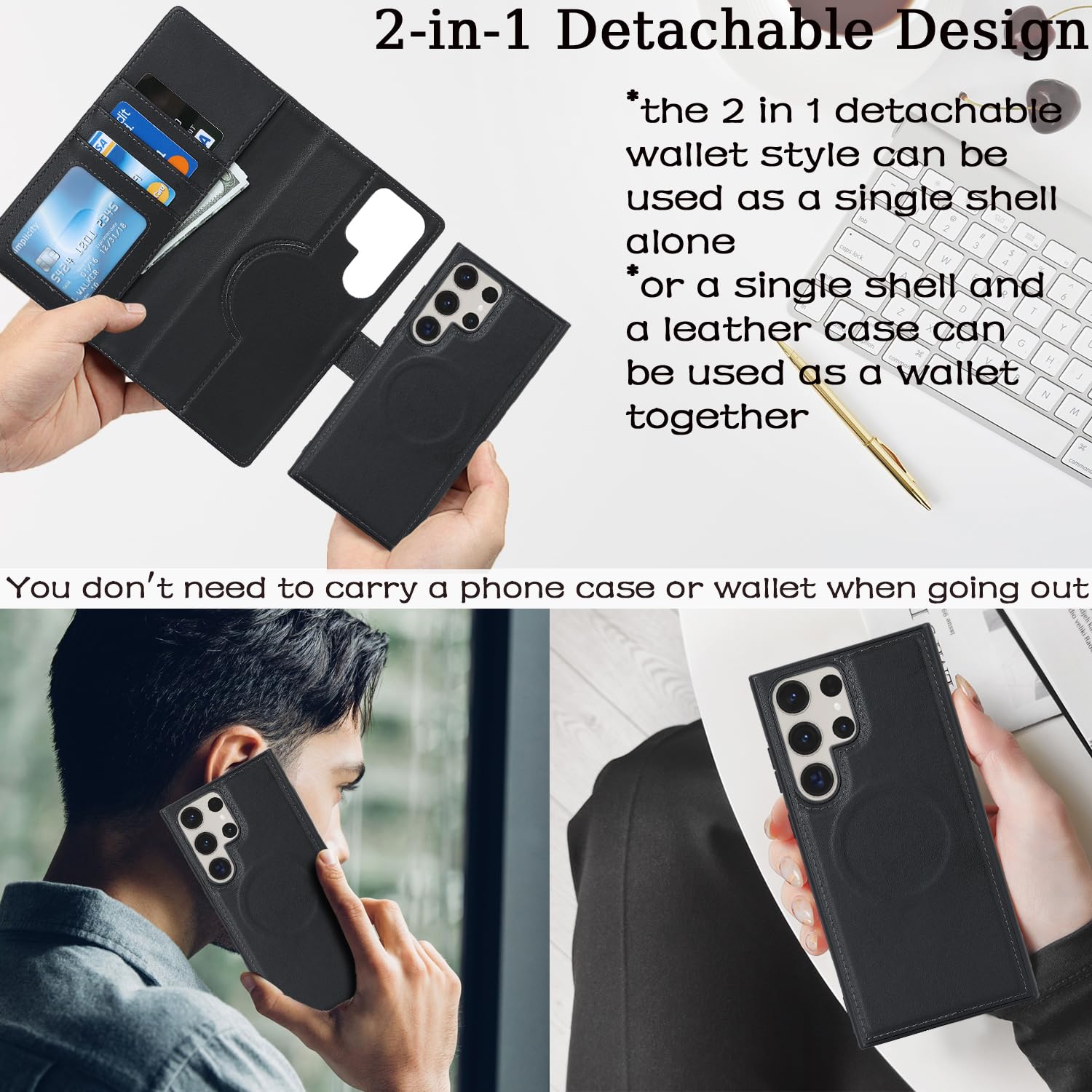 Havaya for Samsung Galaxy S23 Ultra Case Wallet magsafe Compatible Galaxy S23 Ultra Wallet case with Card Holder Detachable Magnetic flip Leather Cover for Men and Women-Black