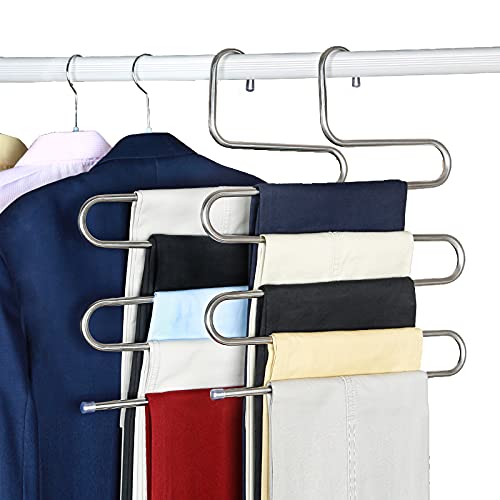 Pants Hangers,5 Layers S-Type Stainless Steel Clothes Pants Hangers, Non Slip Space Saving for Pants Jeans Towels Scarf Tie(3-Pack)