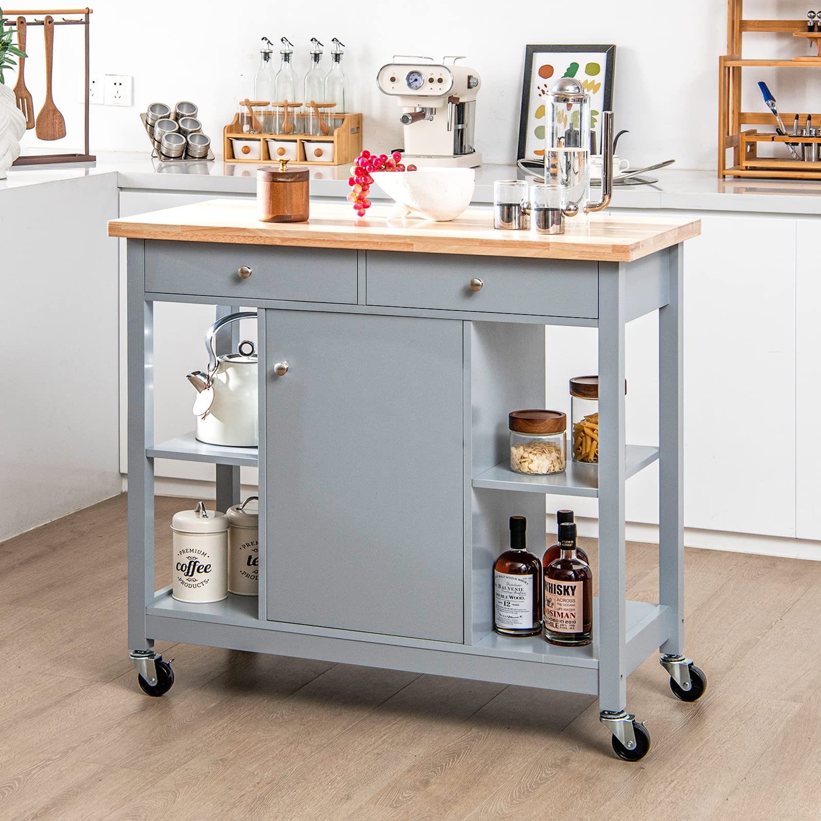 Giantex Mobile Kitchen Island Cart, Rolling Kitchen Island w/Rubber Wood Top, 4 Open Shelves, 2 Deep Drawers, 1 Enclosed Cabinet, Serving Utility Trolley on Wheels for Kitchen, Dining Room (Gray)