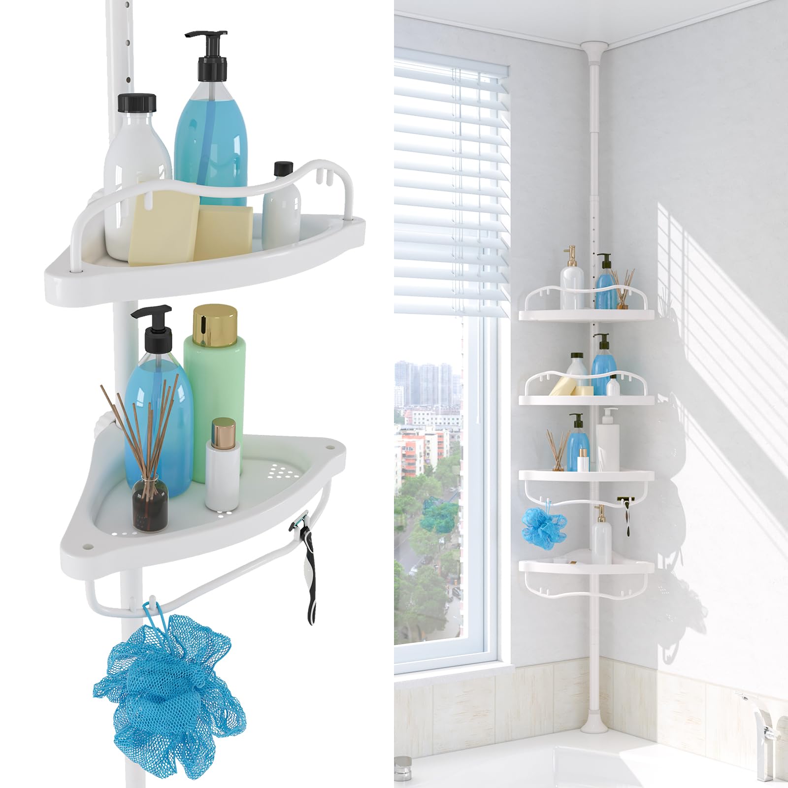 MIYA Adjustable Shower Caddy Corner Tension Pole, 4.5-9.5 FT Standing Corner Shower Organizer, 4-Tier Bathroom Storage Shelf for Inside Shower, Rustproof White Bathtub Caddies with Hooks, Drill Free