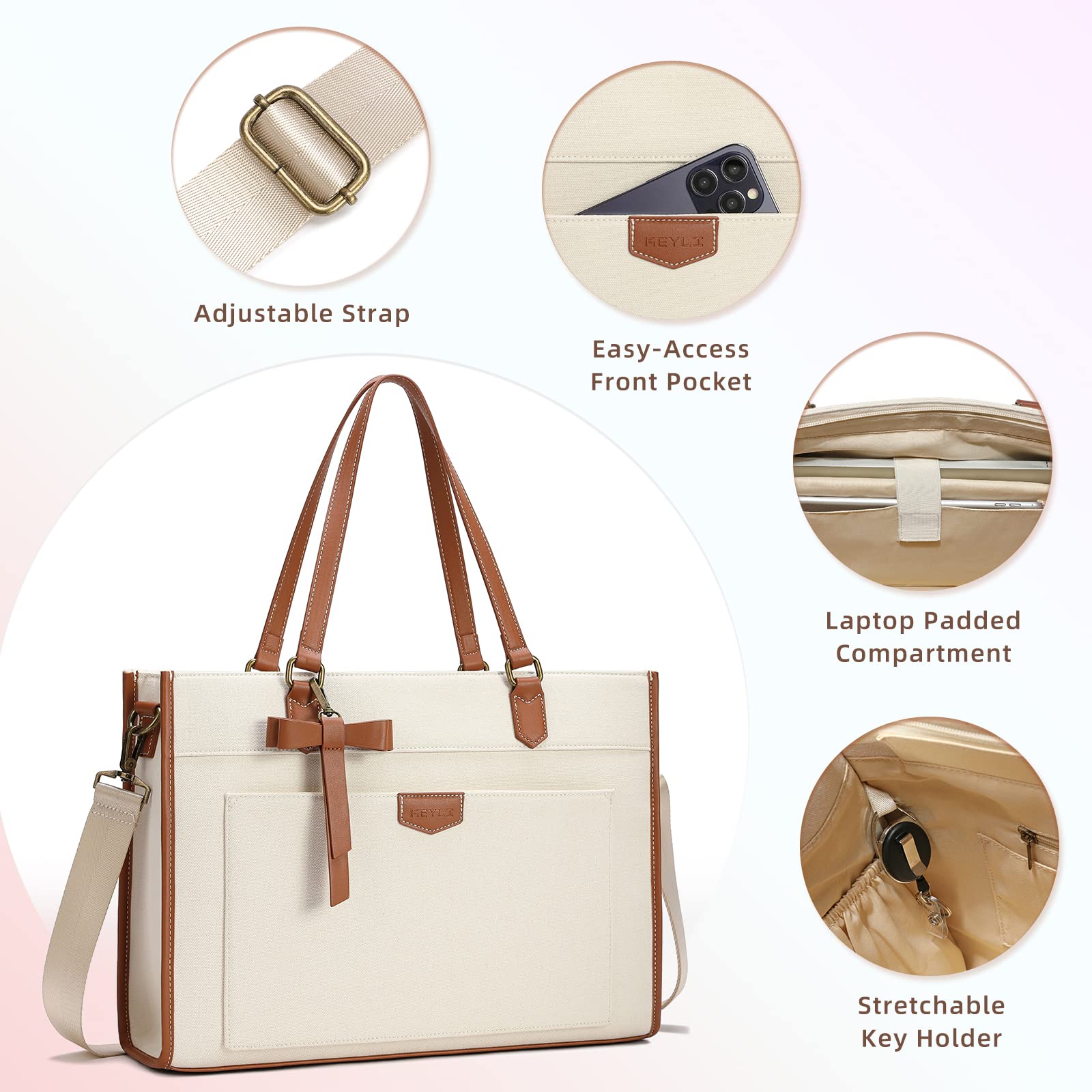 Keyli Canvas Laptop Tote Bag for Women - 15.6 inch Casual Work Shoulder Bag with Large Capacity - Brown