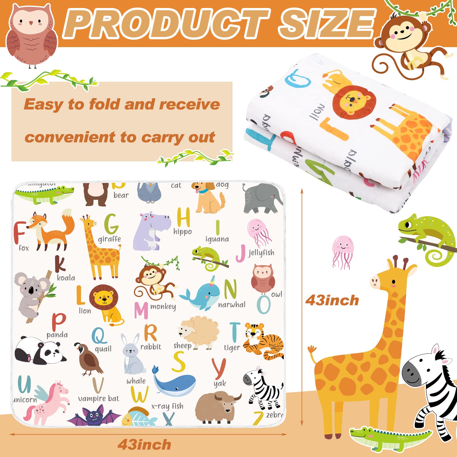 Tradder Alphabet ABC Portable Baby Play Mat 43 x 43 Inch Boho Animal Washable Foldable Non-Slip Crawling Mat for Babies Kids Play Mats Pad for Floor Playpen Toddler Infants Tummy Time Activity Mat