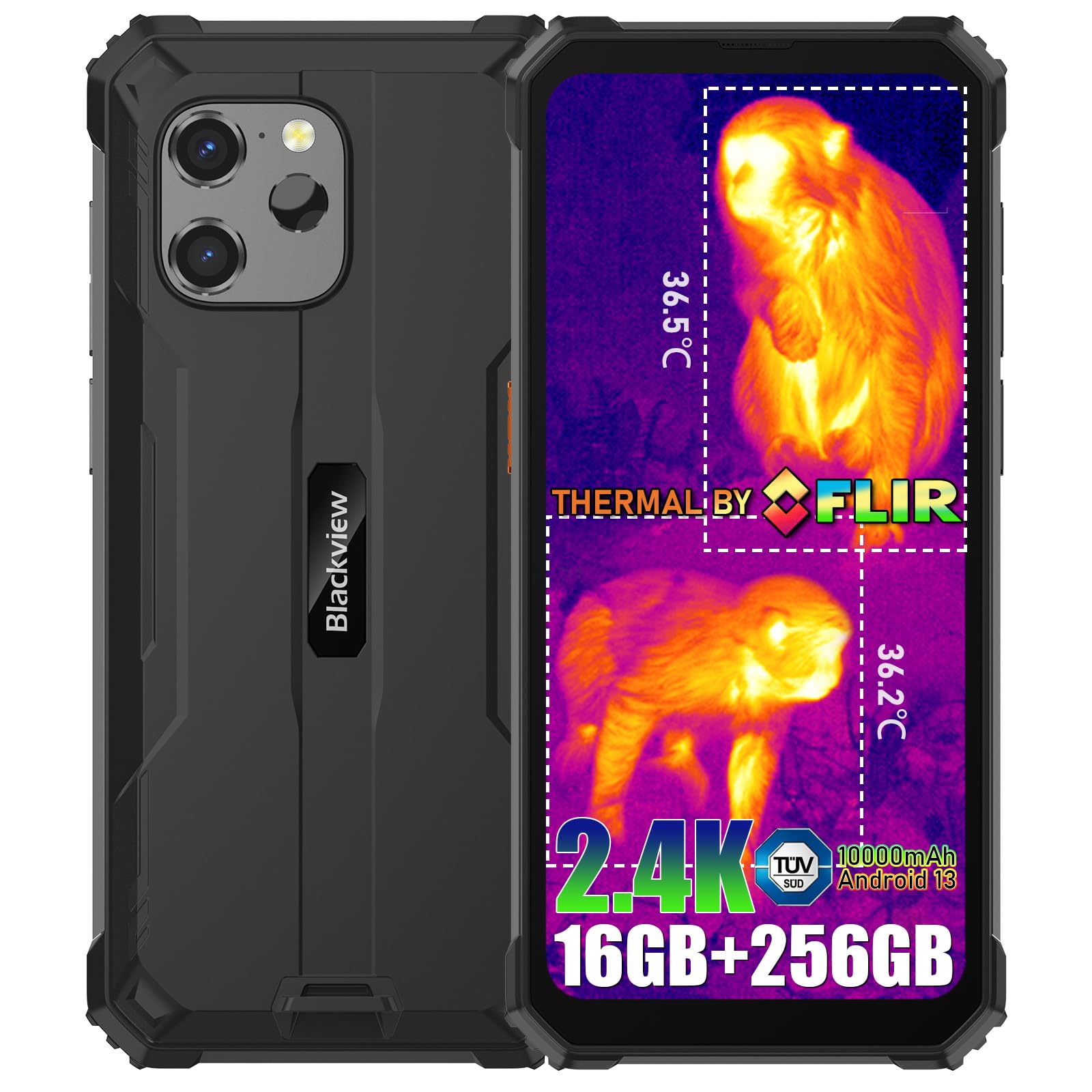 Blackview BV8900 Rugged Smartphone 2024, Thermal Camera Android 13 Phone, 16GB 256GB 1TB TF, Helio P90, 6.5-inch 2.4K FHD+ Display, 10000mAh 33W Fast Charge, 64MP Anti-Shake Camera Rugged Phone, NFC