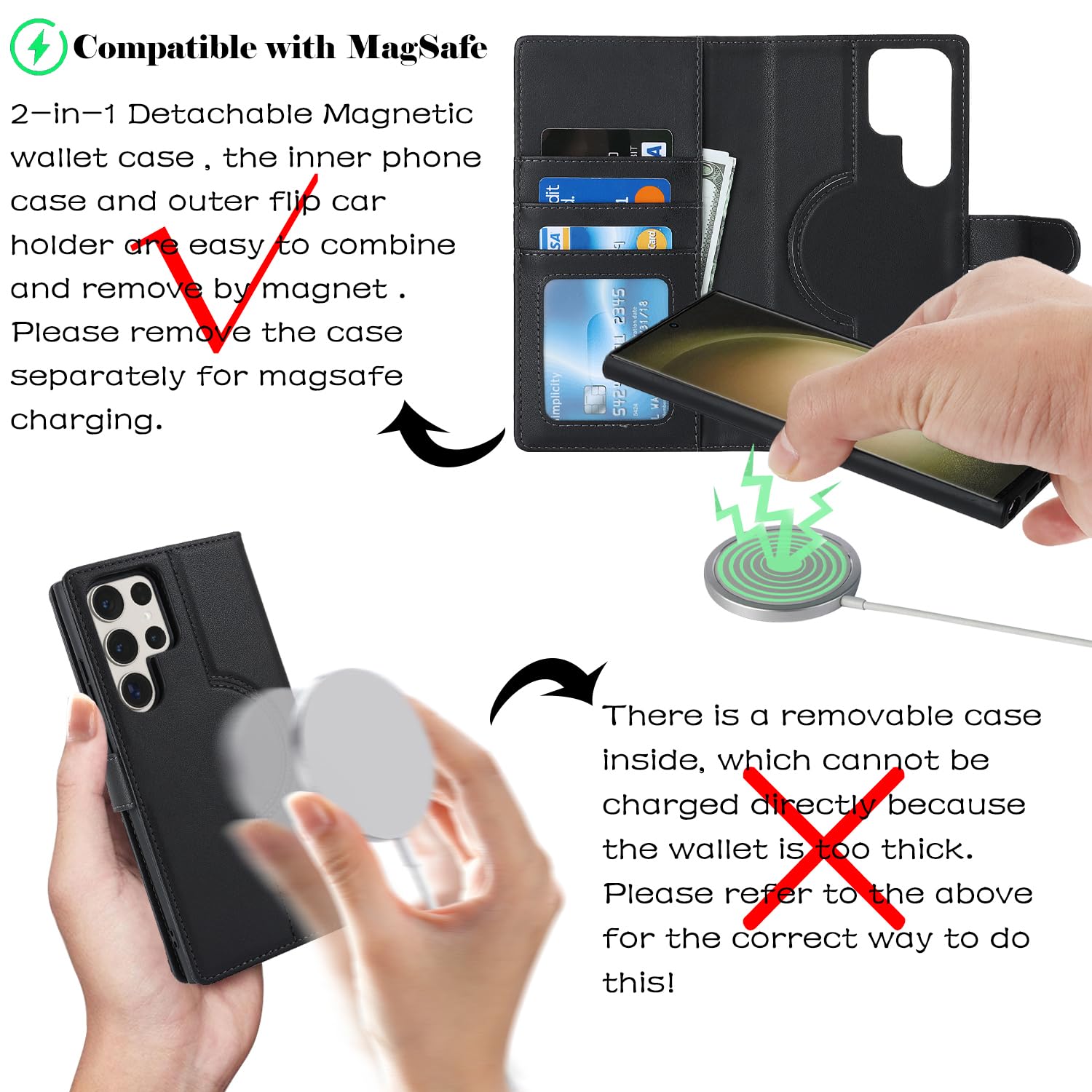 Havaya for Samsung Galaxy S23 Ultra Case Wallet magsafe Compatible Galaxy S23 Ultra Wallet case with Card Holder Detachable Magnetic flip Leather Cover for Men and Women-Black