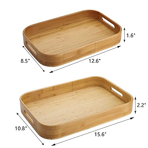 Dicunoy Set of 2 Bamboo Serving Tray, Solid Wood Breakfast Tray with Handles, Large Bamboo Food Tray Great for Dinner, Tea, Coffee, Bar, Parties, 15.6" L x 10.8" W /12.6" L x 8.5" W