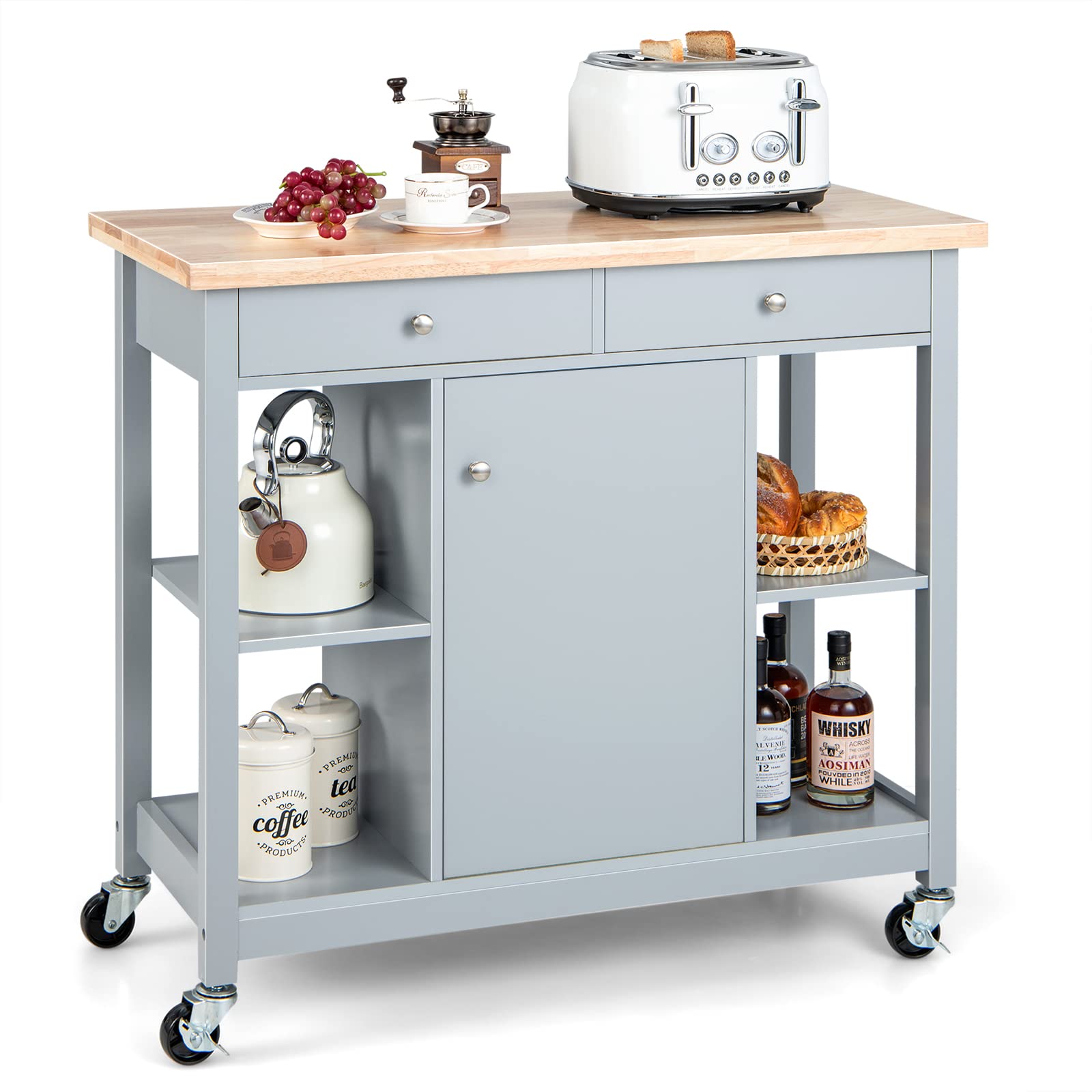 Giantex Mobile Kitchen Island Cart, Rolling Kitchen Island w/Rubber Wood Top, 4 Open Shelves, 2 Deep Drawers, 1 Enclosed Cabinet, Serving Utility Trolley on Wheels for Kitchen, Dining Room (Gray)