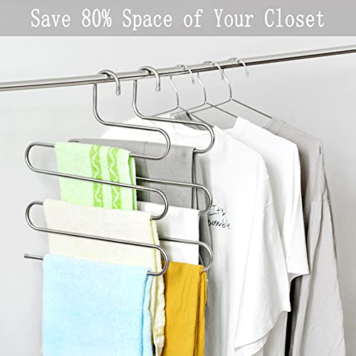 Pants Hangers,5 Layers S-Type Stainless Steel Clothes Pants Hangers, Non Slip Space Saving for Pants Jeans Towels Scarf Tie(3-Pack)